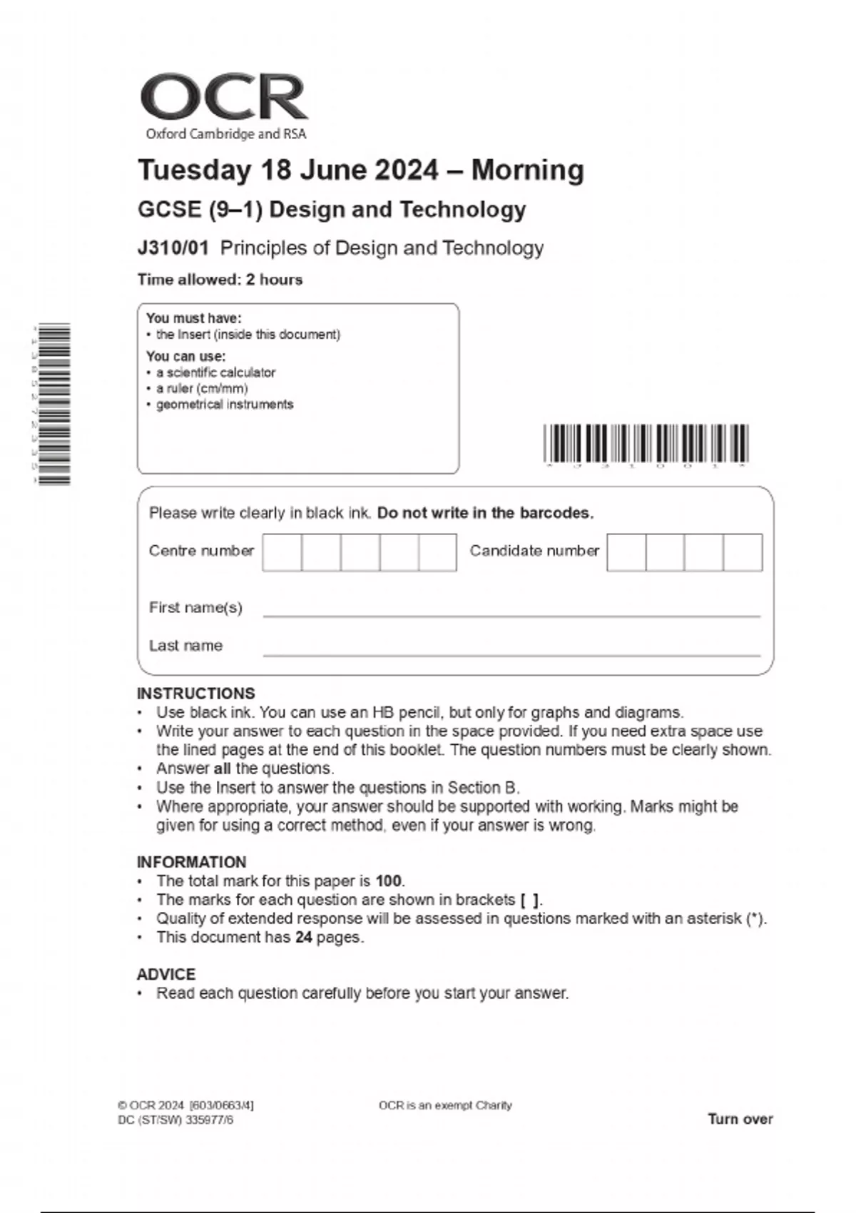 2024 OCR GCSE (9–1) Design and Technology J310/01 Principles of Design ...