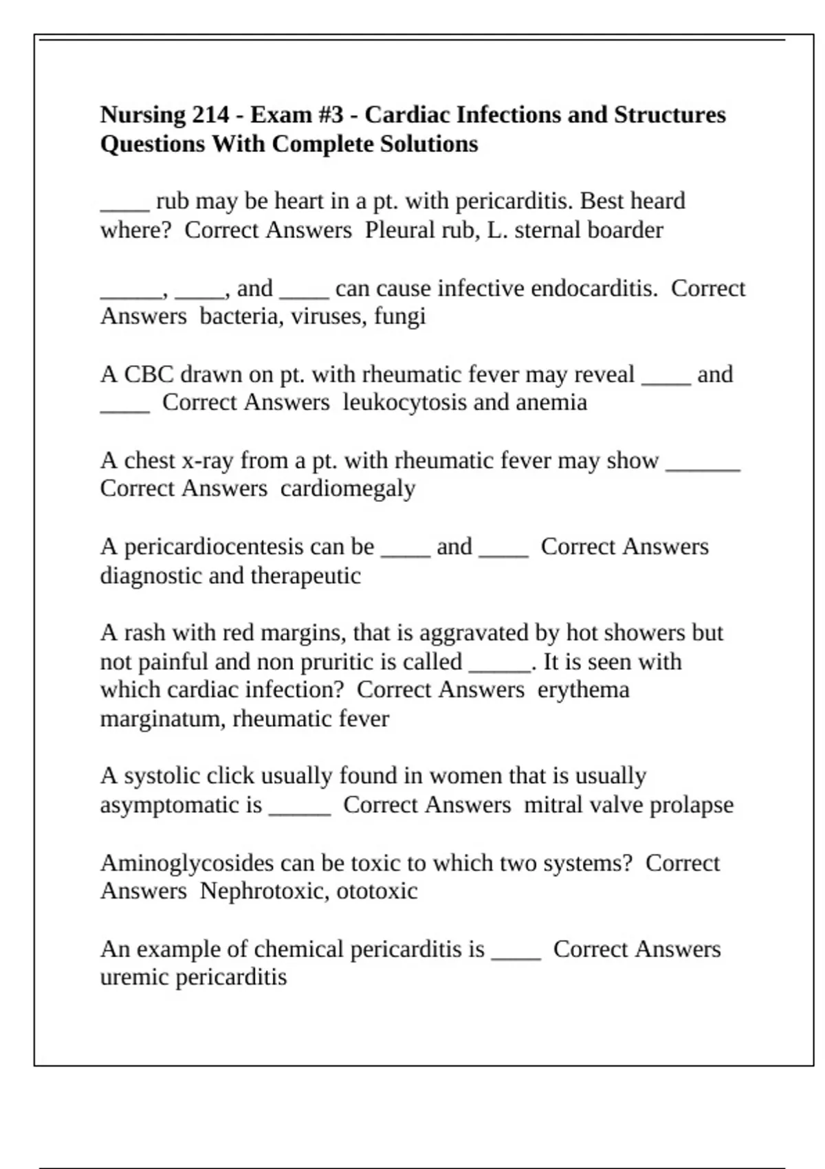 Nursing 214 - Exam #3 - Cardiac Infections and Structures Questions ...