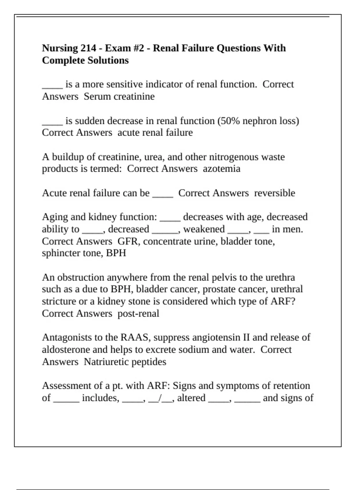 Nursing 214 - Exam #2 - Renal Failure Questions With Complete Solutions ...