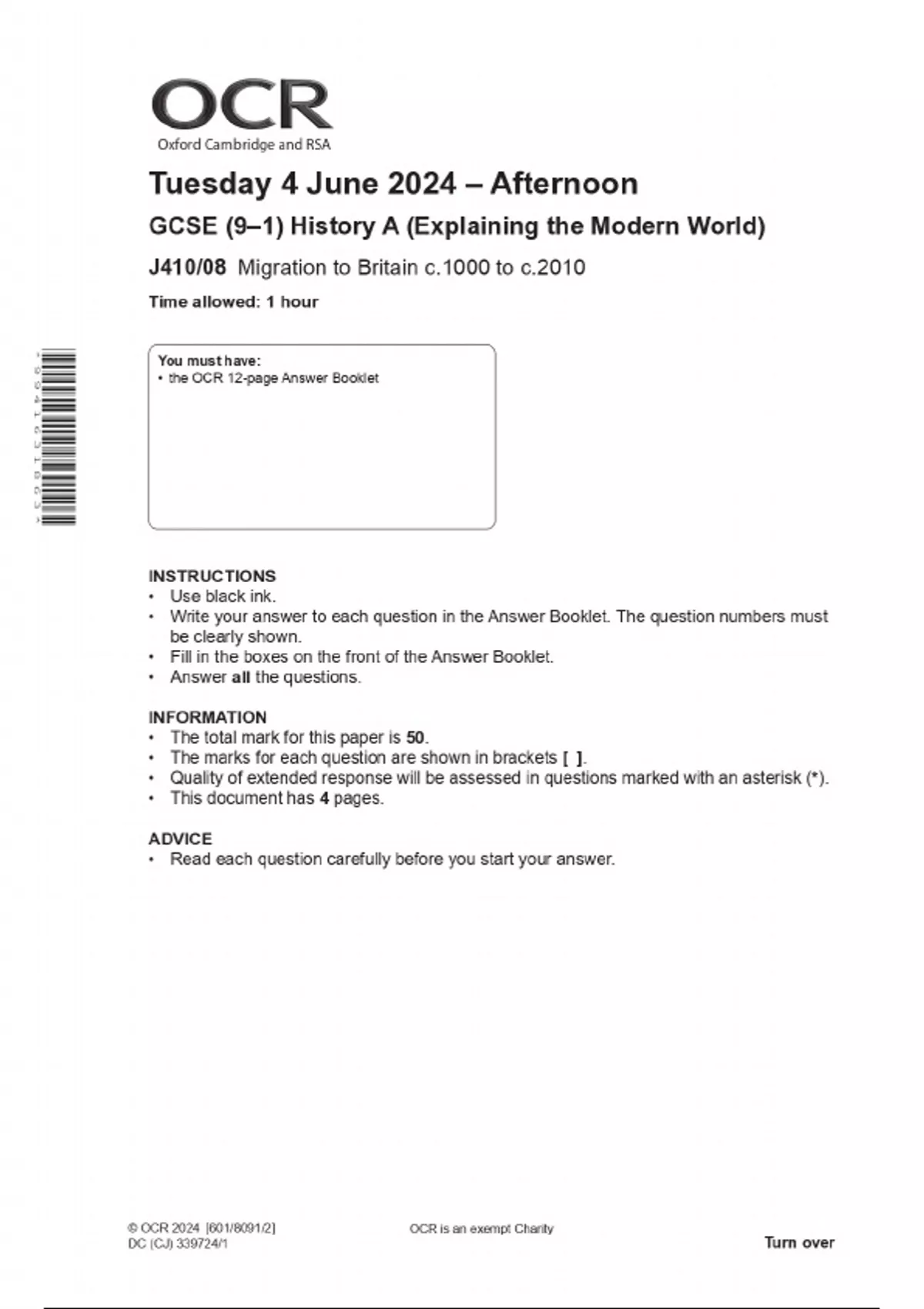 2024 OCR GCSE (9–1) History A (Explaining the Modern World) J410/08 Migration to Britain c.1000 ...