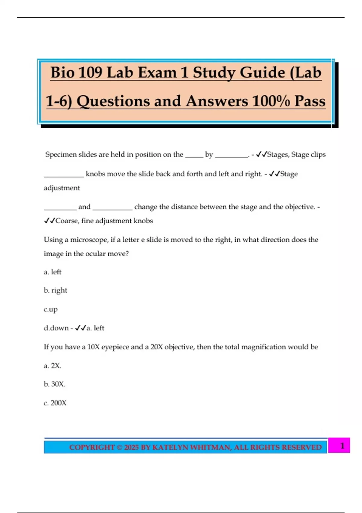 Bio 109 Lab Exam 1 Study Guide (Lab 1-6) Questions and Answers 100% Pass - BIO 109 - Stuvia US