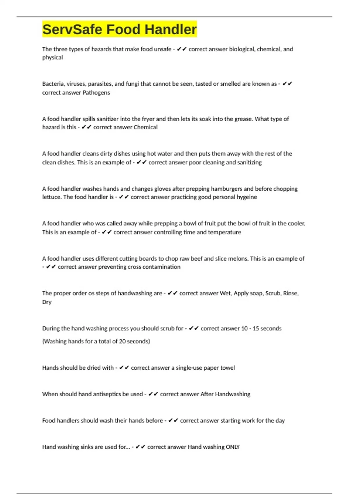 ServSafe Food Handler exam questions and 100% correct answers 2025 ...