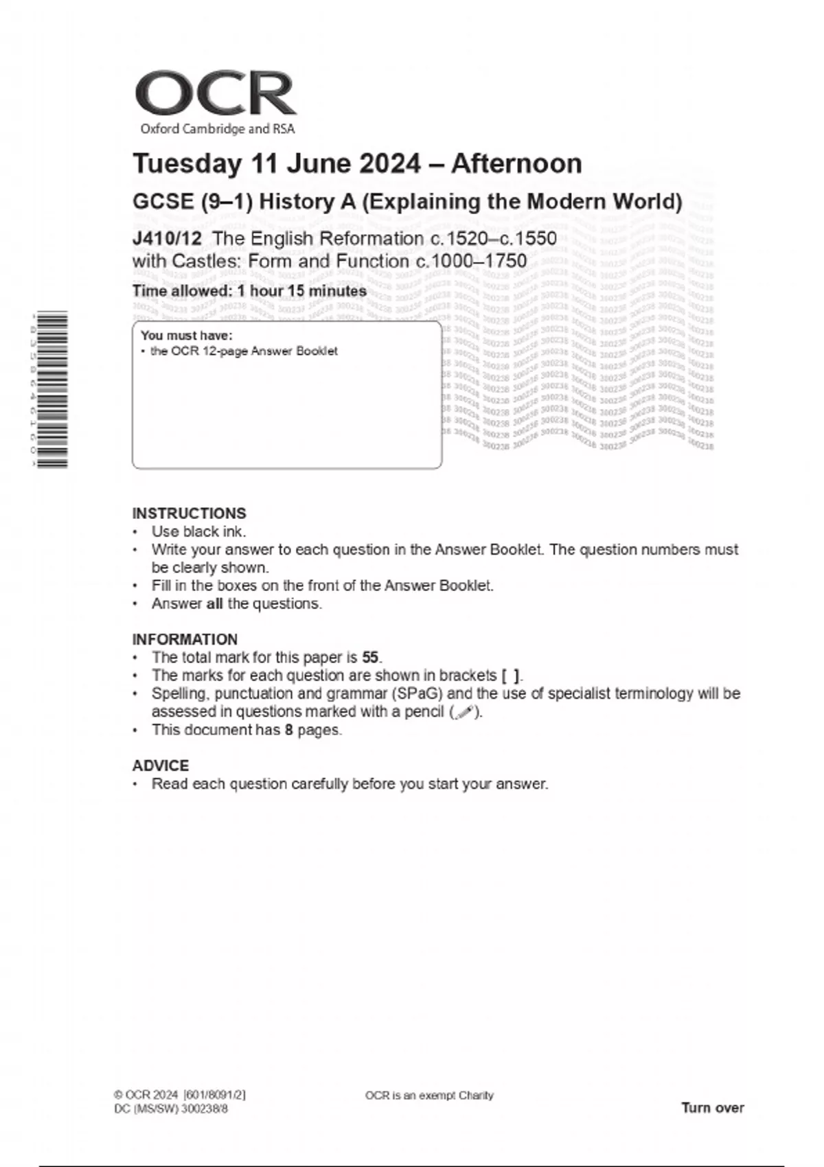 2024 OCR GCSE (9–1) History A (Explaining the Modern World) J410/12 The English Reformation c ...
