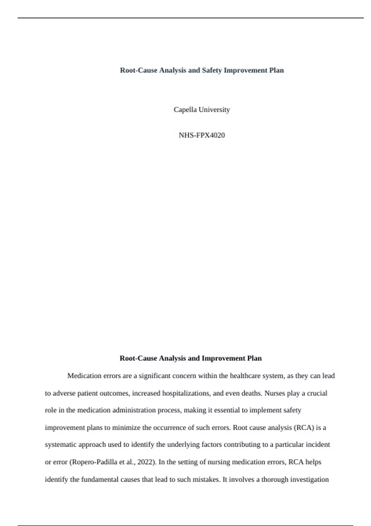 Summary Root-Cause Analysis and Safety Improvement PlanCapella ...