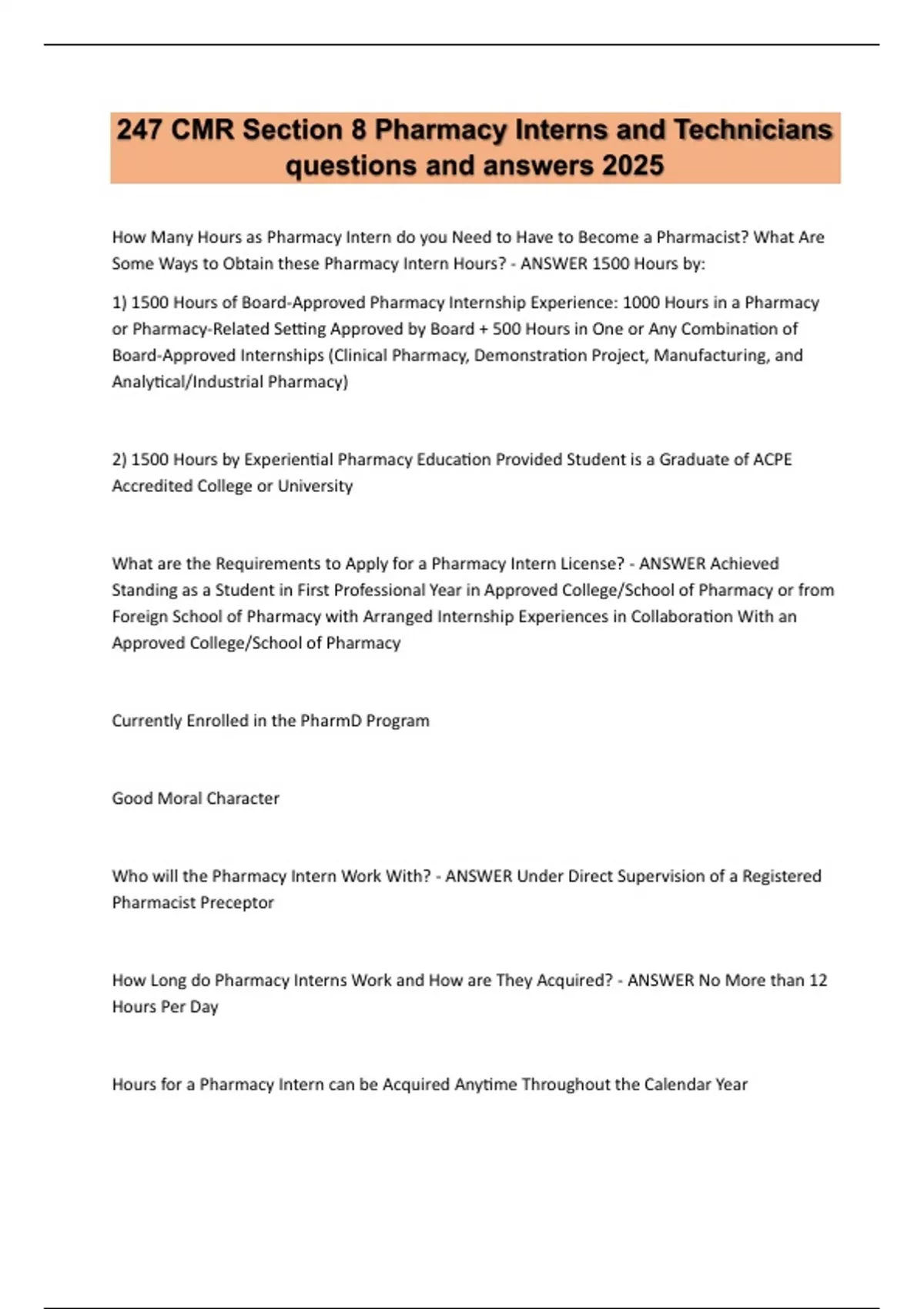 247 CMR Section 8 Pharmacy Interns and Technicians questions and answers 2025. - FPGEE - Stuvia US