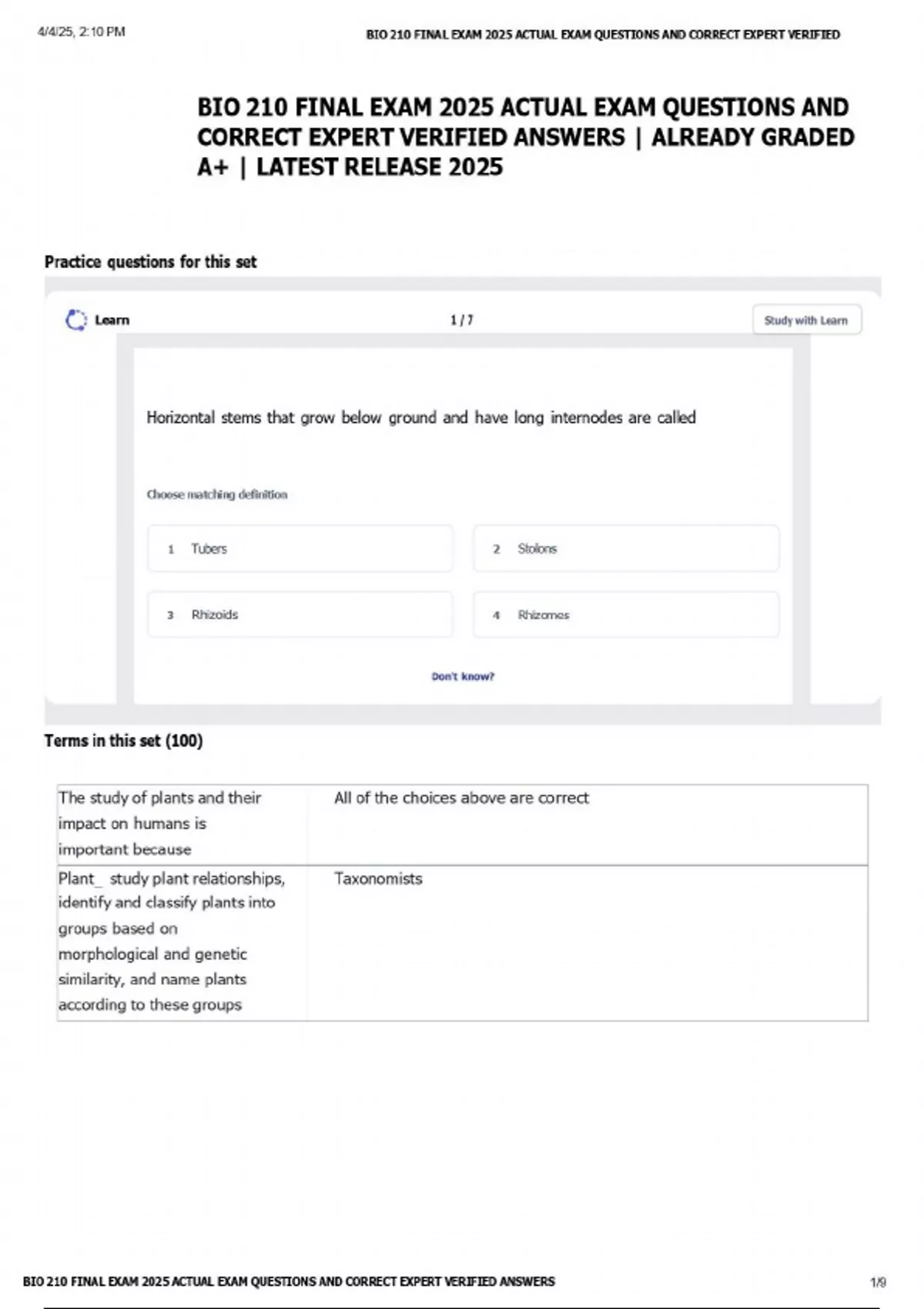 BIO 210 FINAL EXAM 2025 ACTUAL EXAM QUESTIONS AND CORRECT EXPERT ...