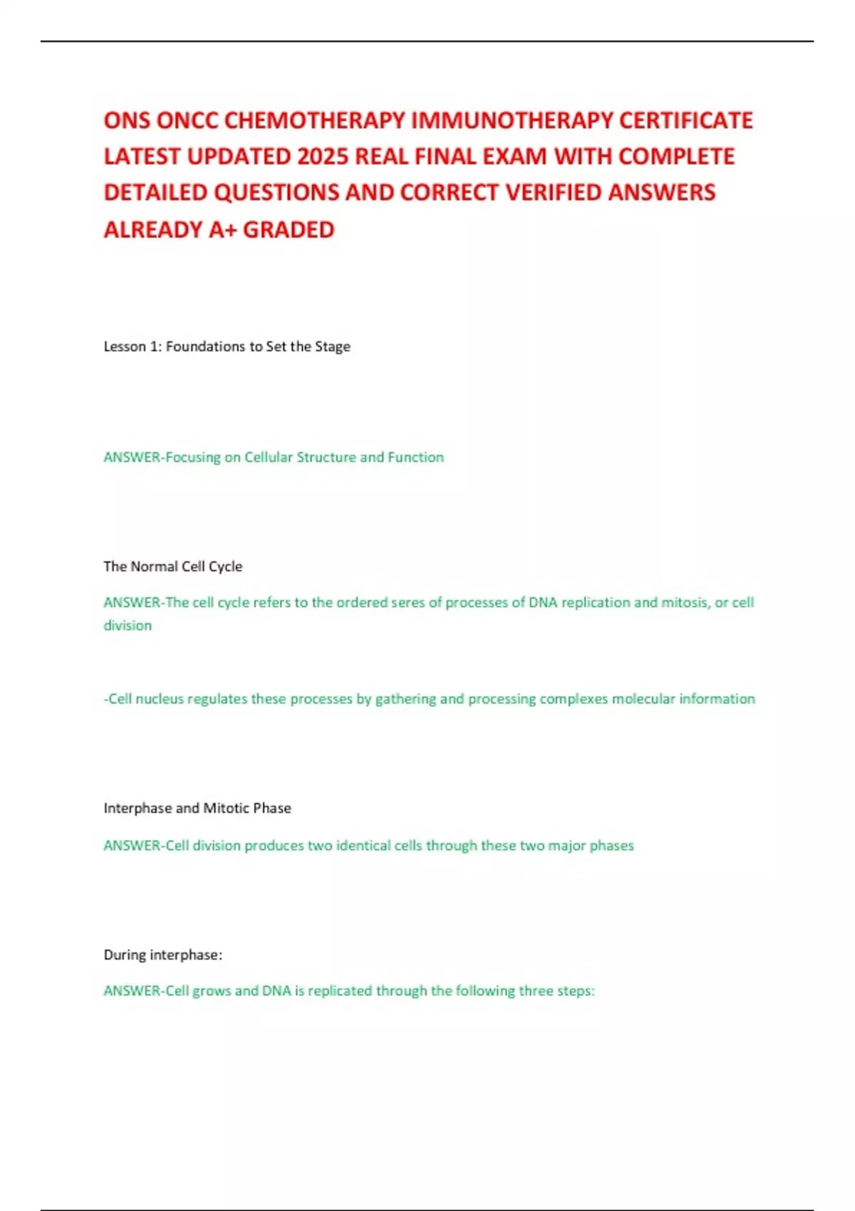 ONS ONCC CHEMOTHERAPY IMMUNOTHERAPY CERTIFICATE LATEST UPDATED 2025 ...