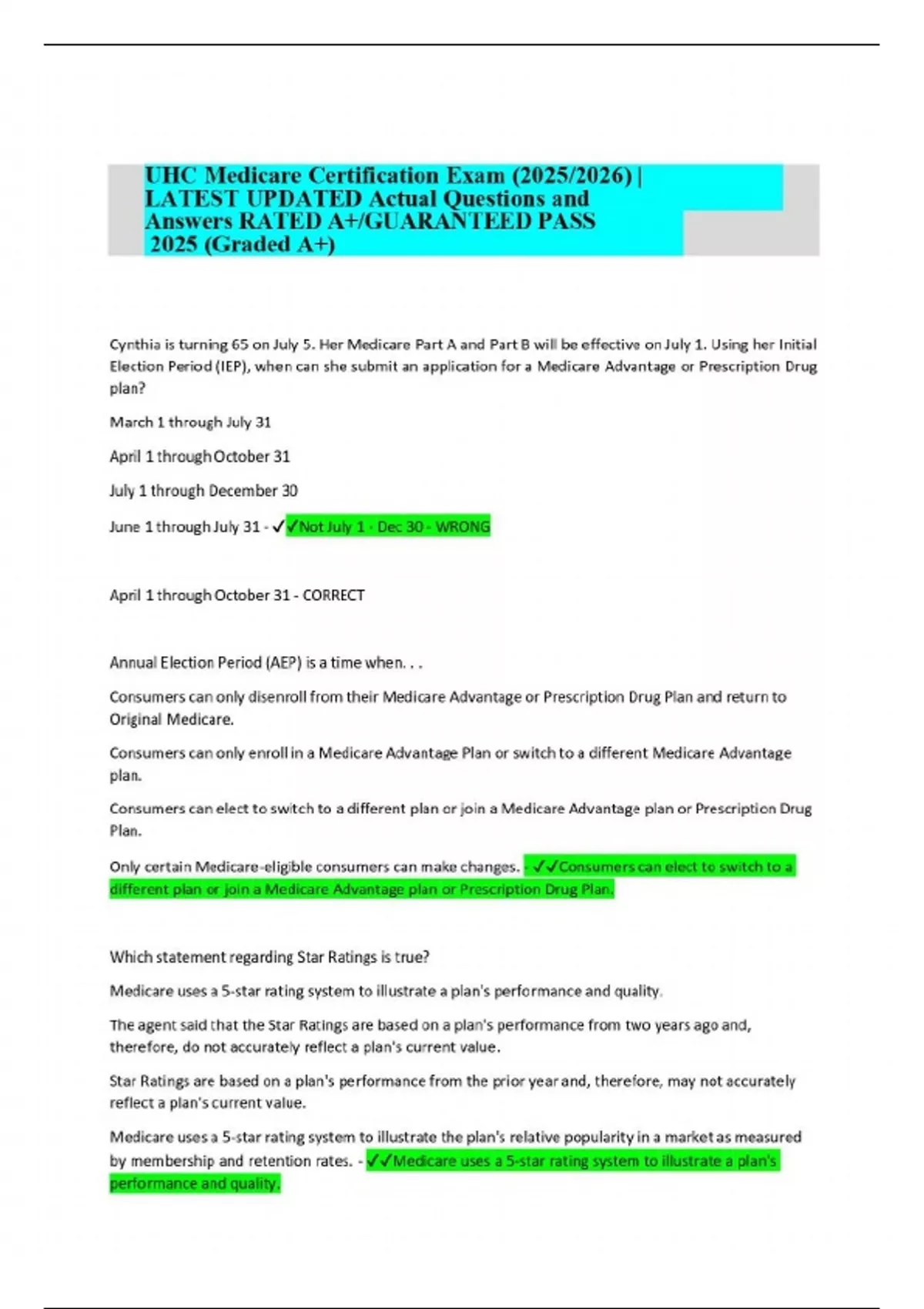 UHC Medicare Certification Exam (2025/2026) | LATEST UPDATED Actual ...