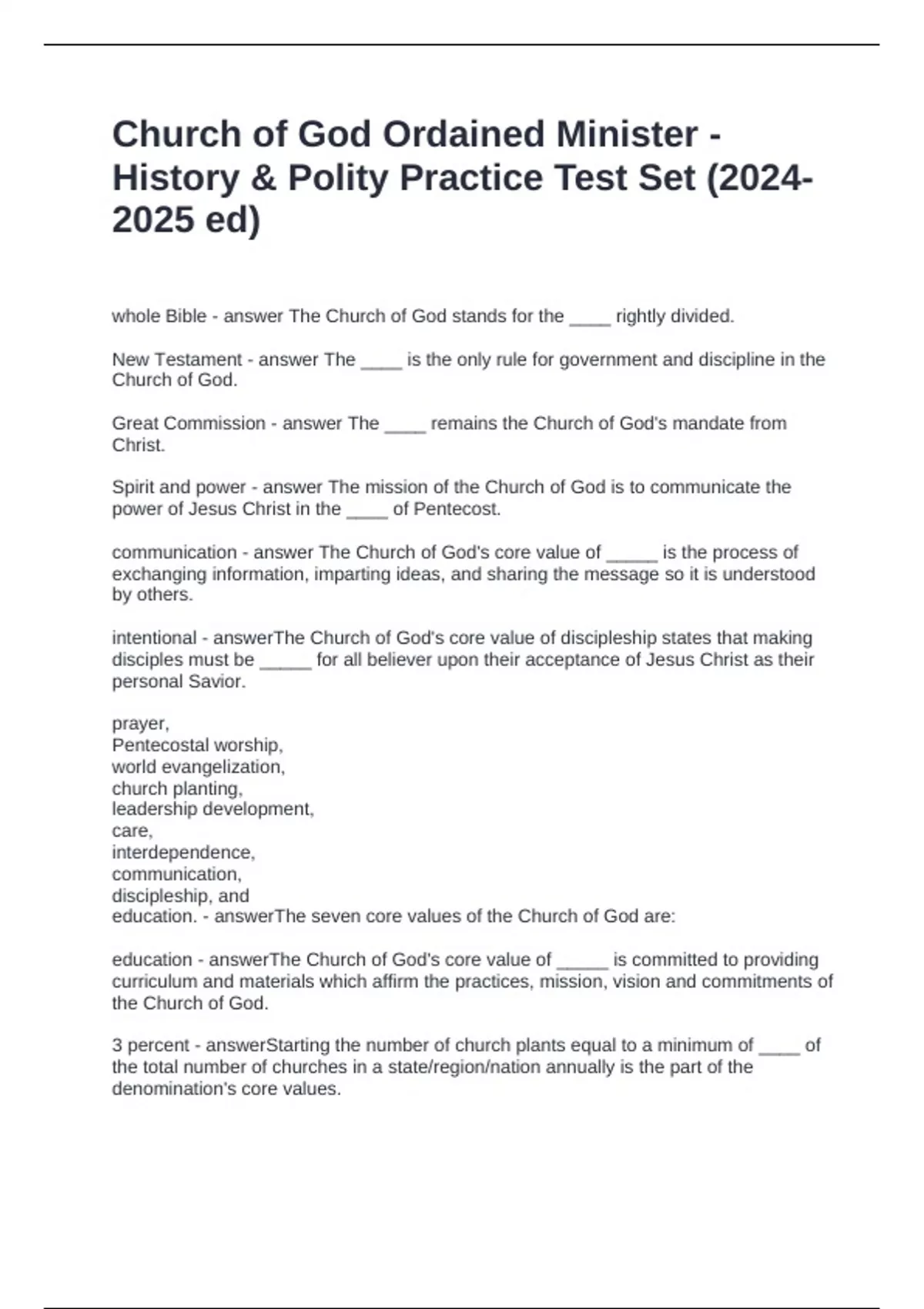 Church of God Ordained Minister - History & Polity Practice Test Set ...