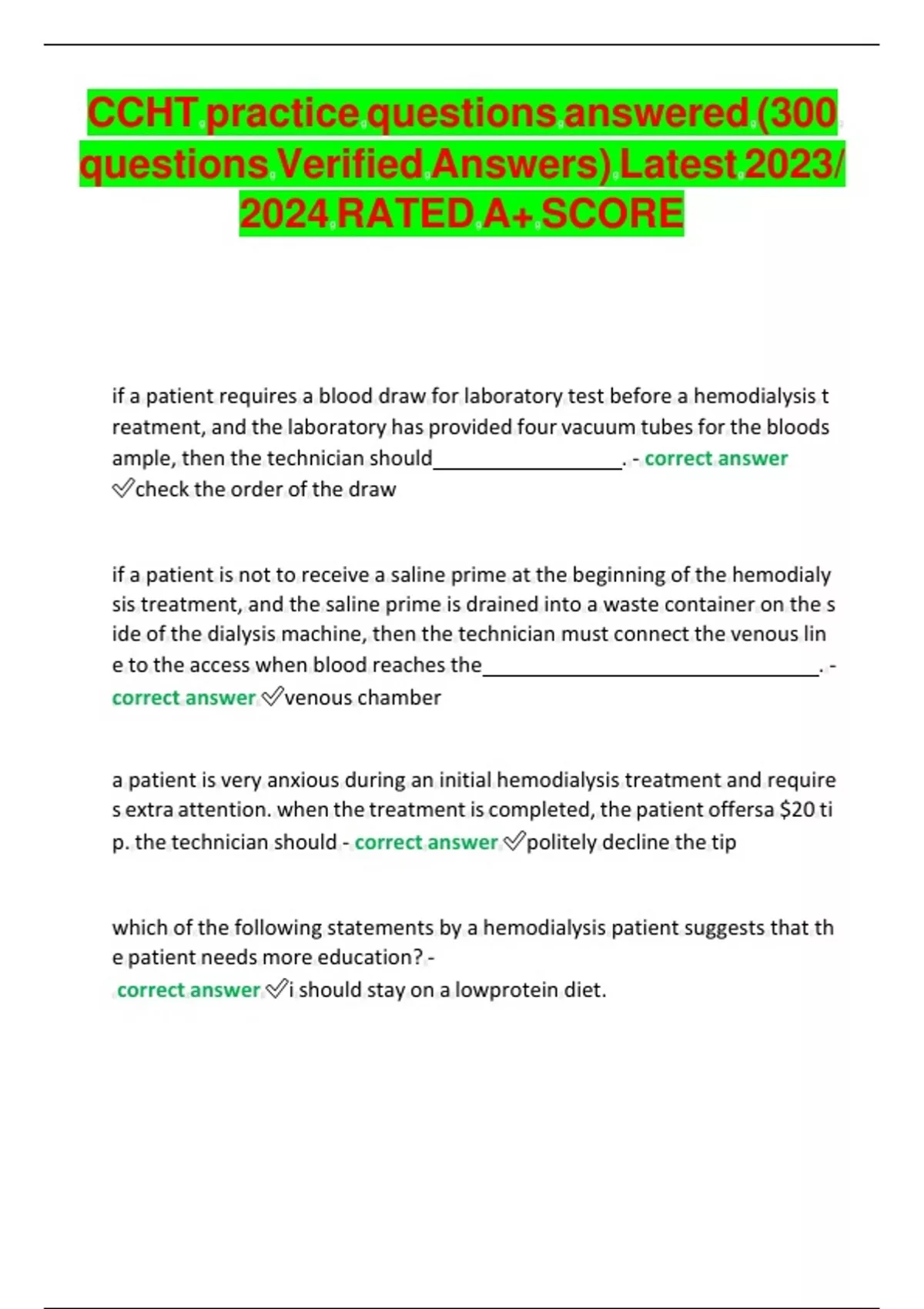 CCHT CERTIFIED CLINICAL HEMODIALYSIS TECHNICIAN CERTIFICATION TEST 2025 ...
