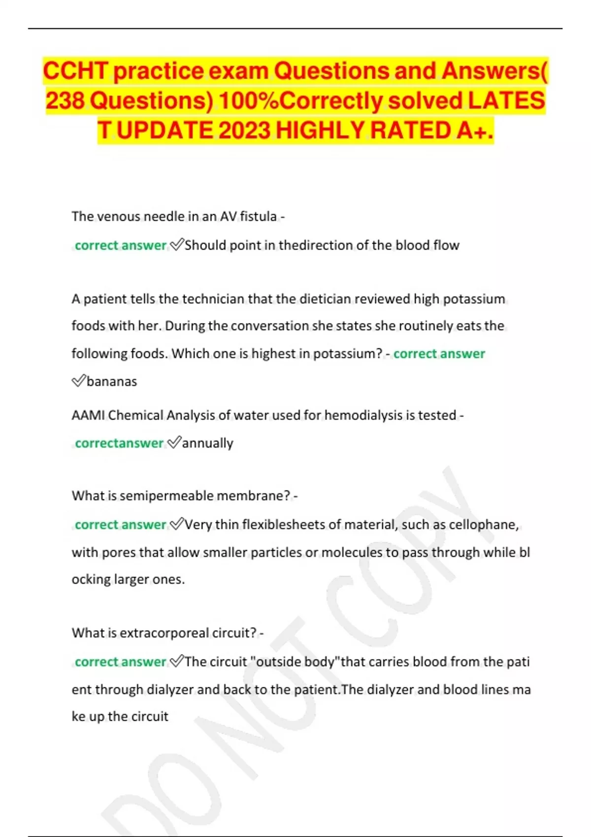 CCHT CERTIFIED CLINICAL HEMODIALYSIS TECHNICIAN CERTIFICATION TEST 2025 ...