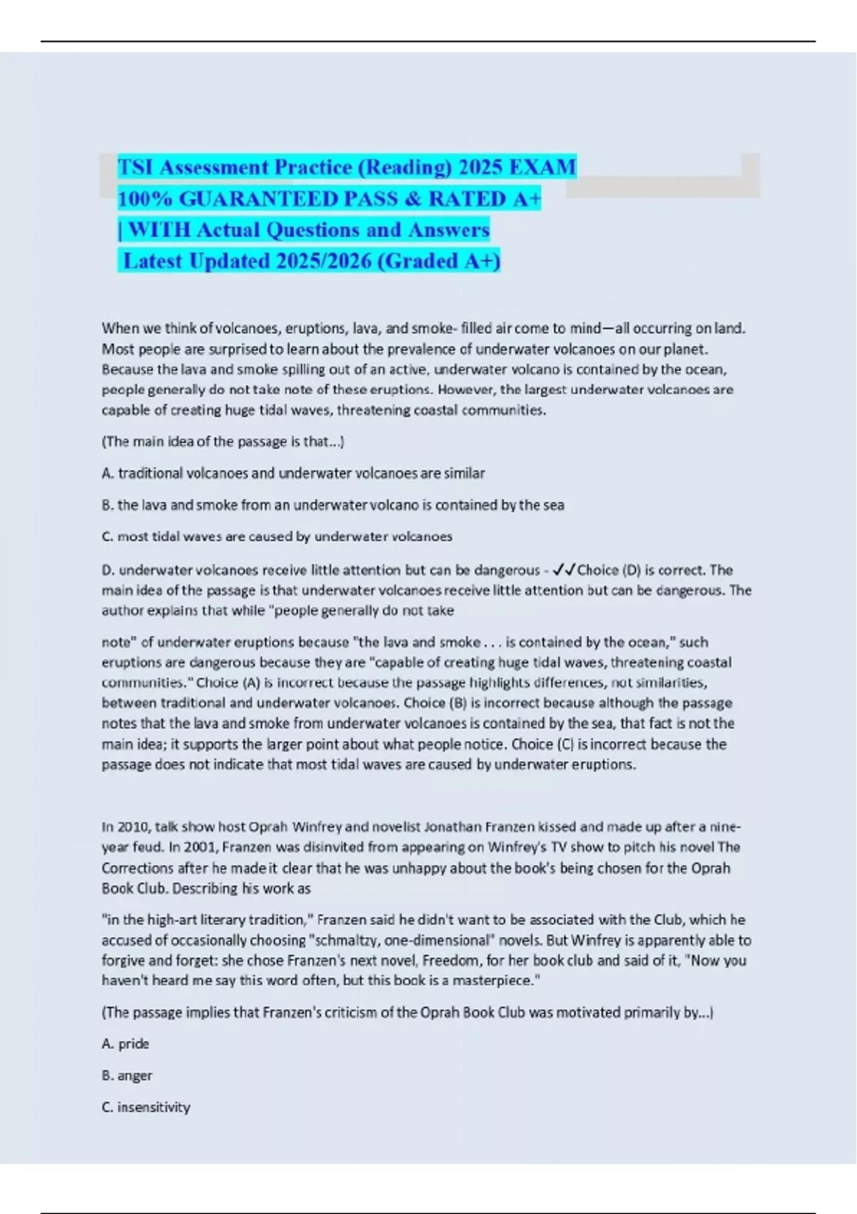 TSI Assessment Practice (Reading) 2025 EXAM 100% GUARANTEED PASS ...