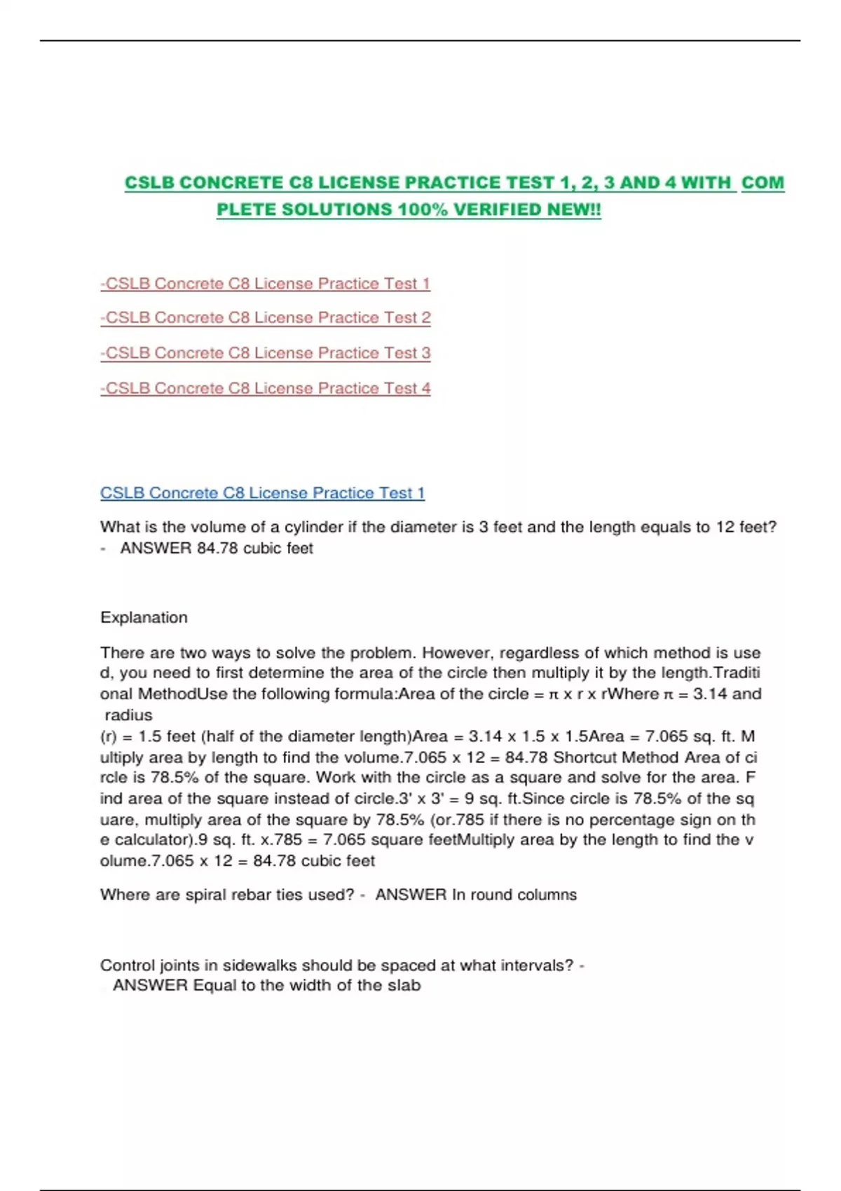 CSLB CONCRETE C8 LICENSE EXAM LATEST 2024 WITH 300 ACTUAL EXAM ...