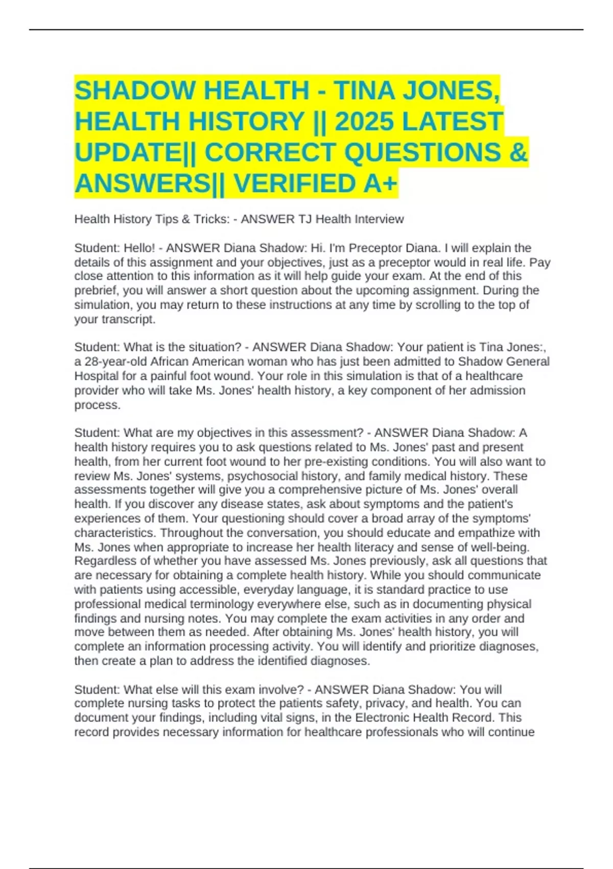 SHADOW HEALTH - TINA JONES, HEALTH HISTORY || 2025 LATEST UPDATE ...