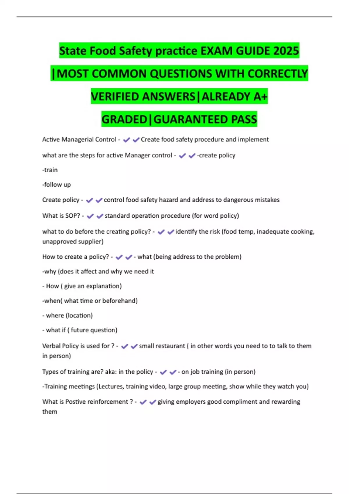 State Food Safety practice EXAM GUIDE 2025 |MOST COMMON QUESTIONS WITH ...