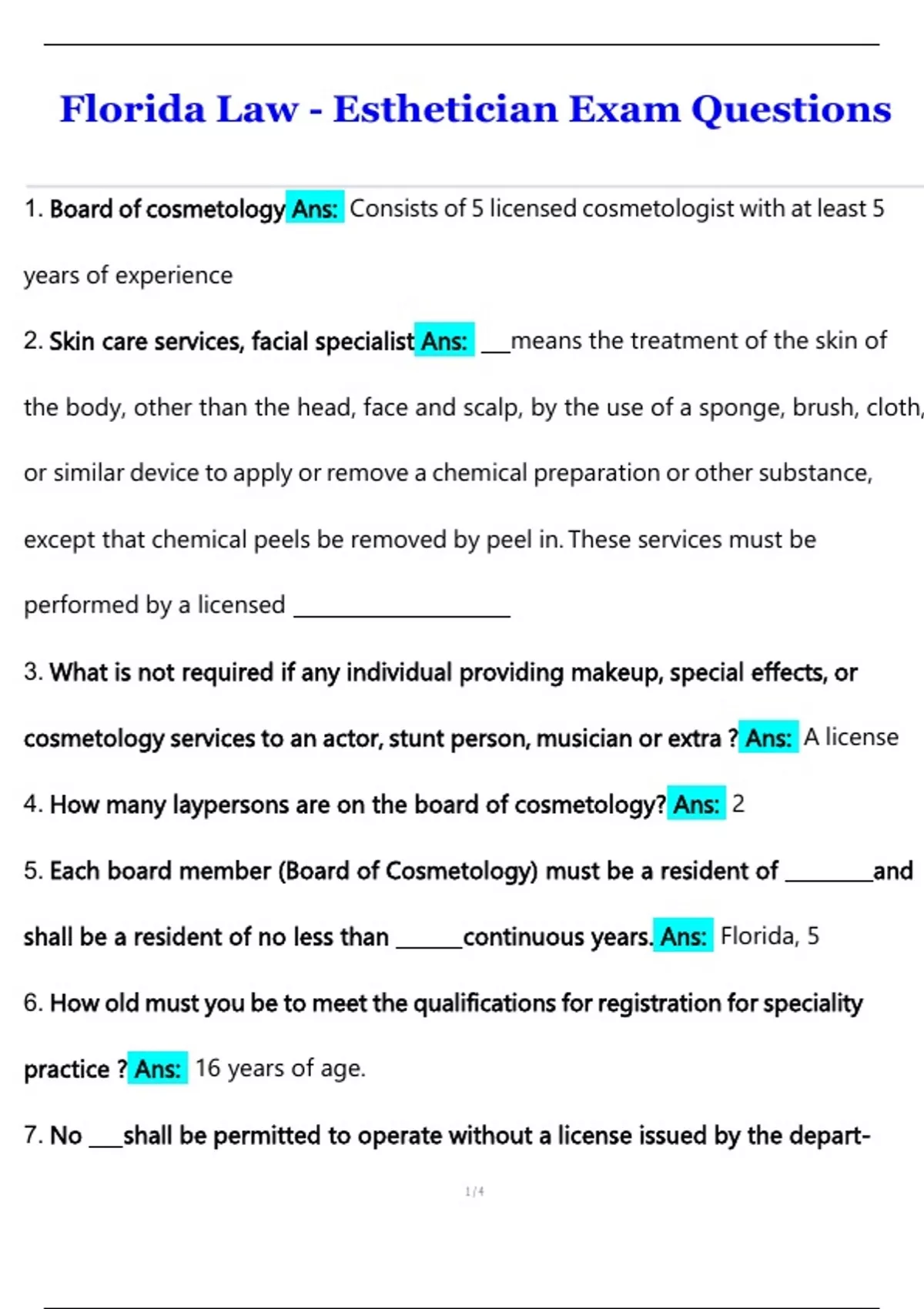 FLORIDA LAW - ESTHETICIAN EXAM QUESTIONS WITH COMPLETE ANSWERS (2025/ ...