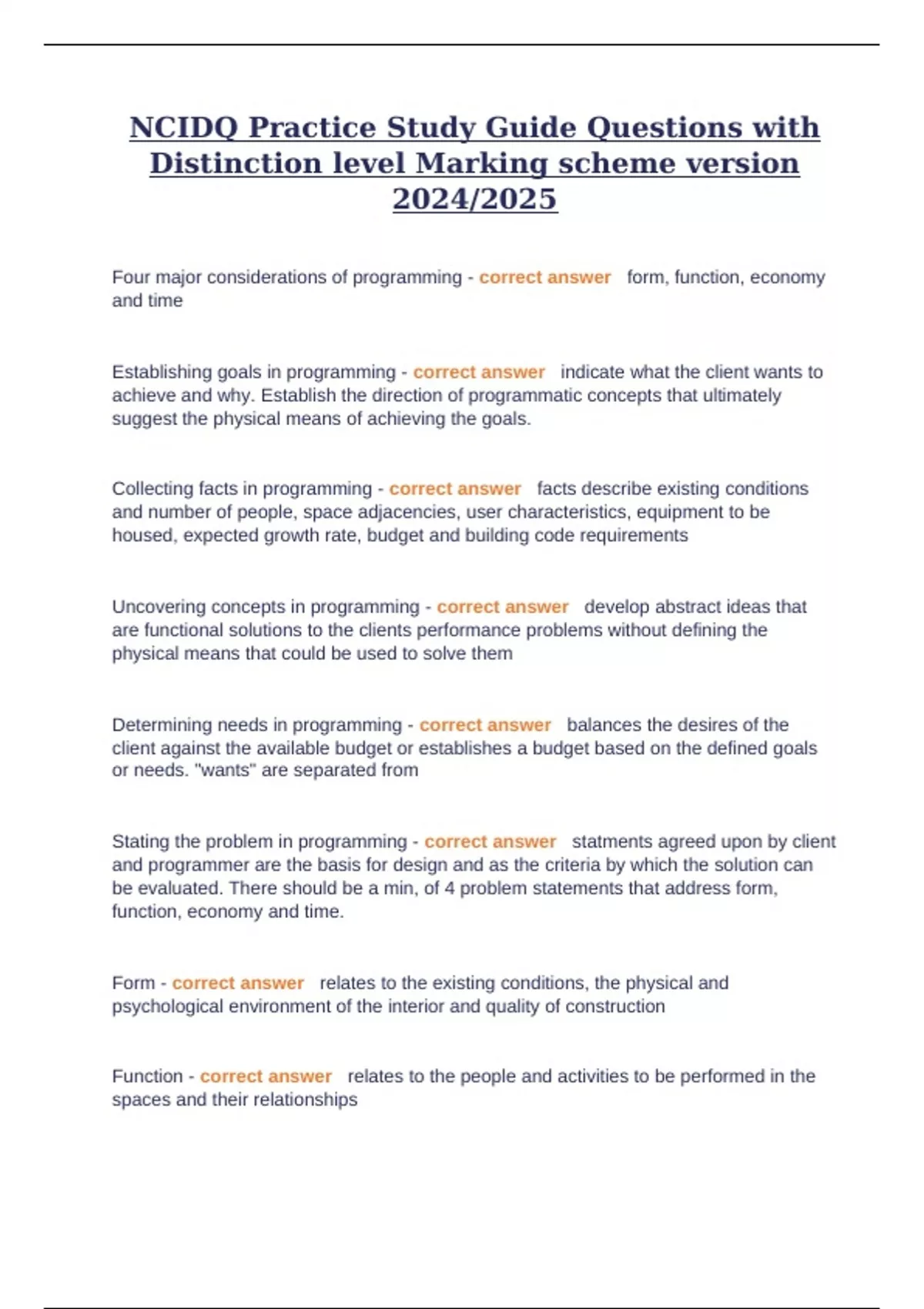 NCIDQ Practice Study Guide Questions with Distinction level Marking ...