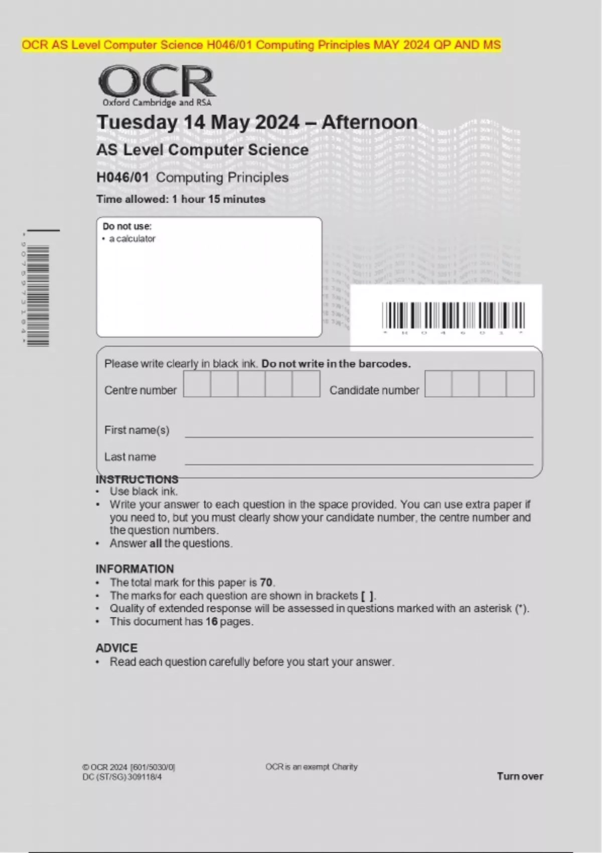 BUNDLE::: OCR AS Level Computer Science 2024 Question Paper and Mark ...