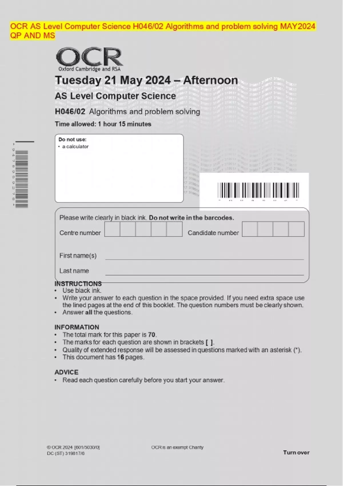 Ocr As Level Computer Science H04602 Algorithms And Problem Solving May2024 Qp And Ms Ocr