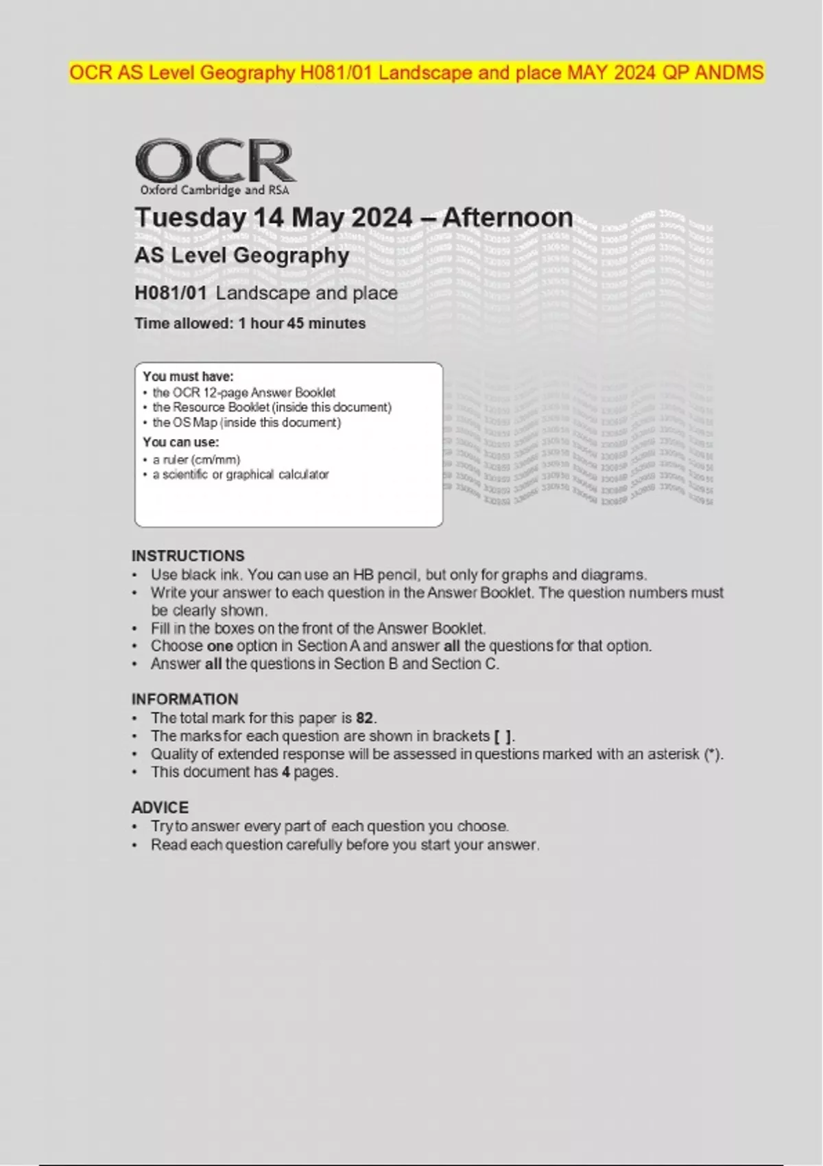 BUNDLE::: OCR AS Level Geography 2024 Question Paper and Mark Scheme ...