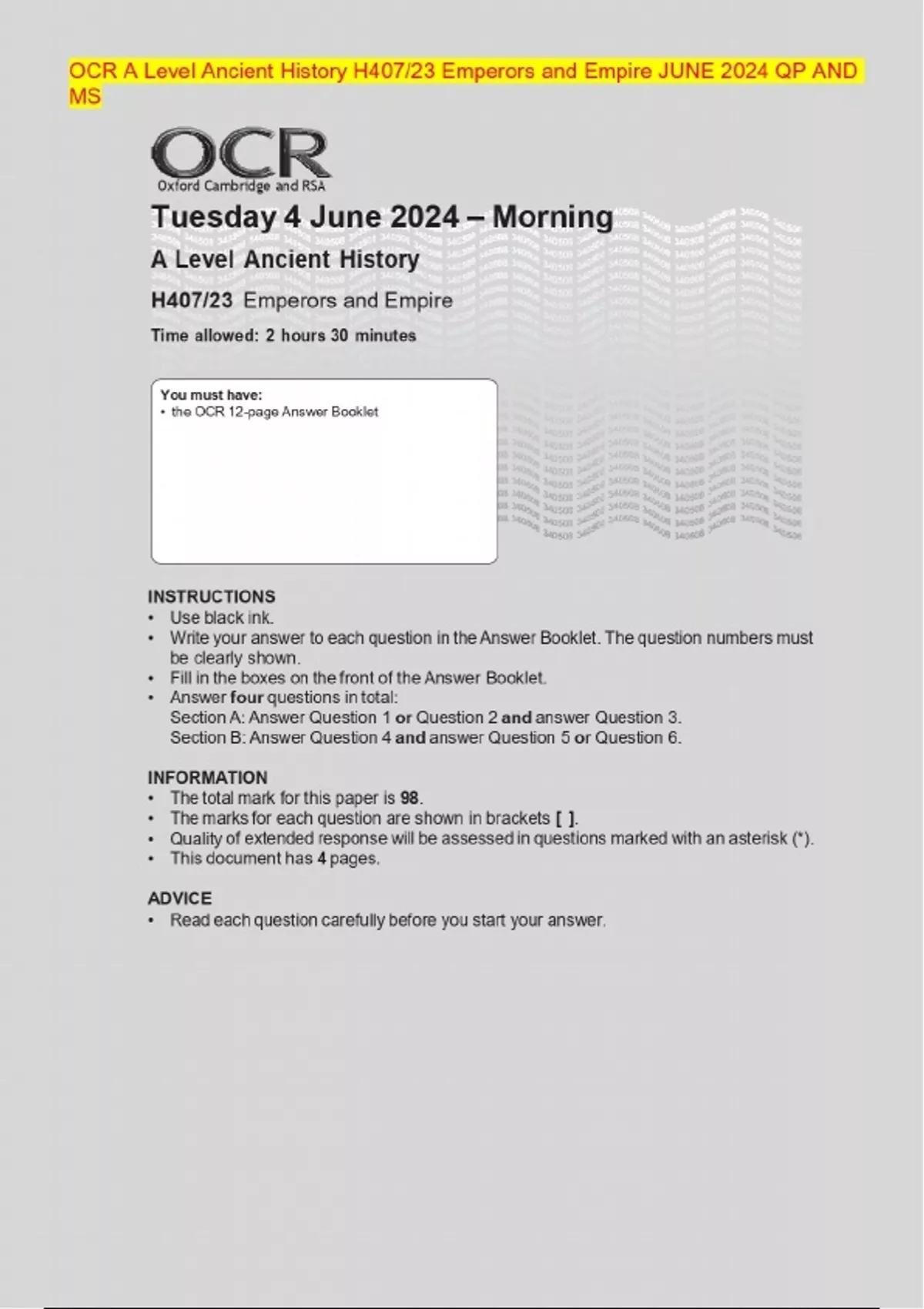 OCR A Level Ancient History H407/23 Emperors and Empire JUNE 2024 QP AND MS - OCR - Stuvia US
