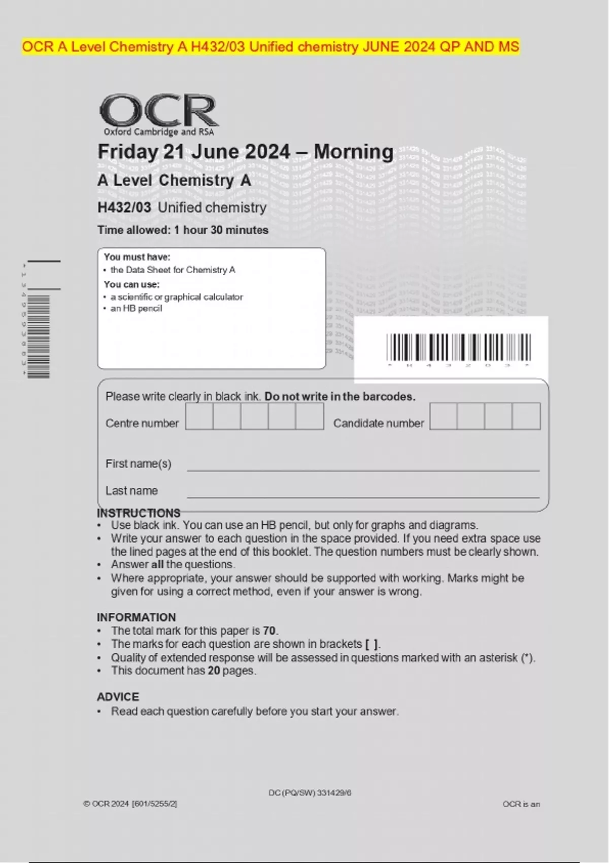 OCR A Level Chemistry A H432/03 Unified chemistry JUNE 2024 QP AND MS ...