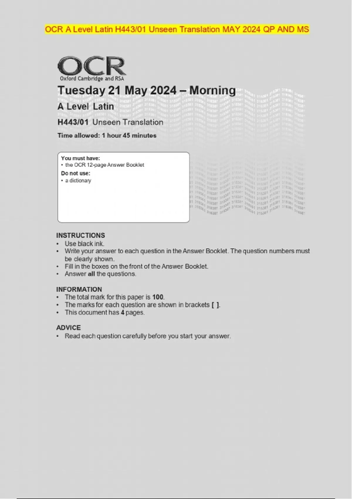 BUNDLE::: OCR A Level Latin 2024 Question Paper and Mark Scheme - Stuvia US