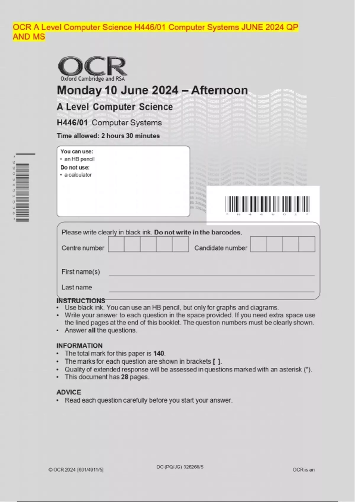 BUNDLE::: OCR A Level Computer Science 2024 Question Paper and Mark Scheme - Stuvia US