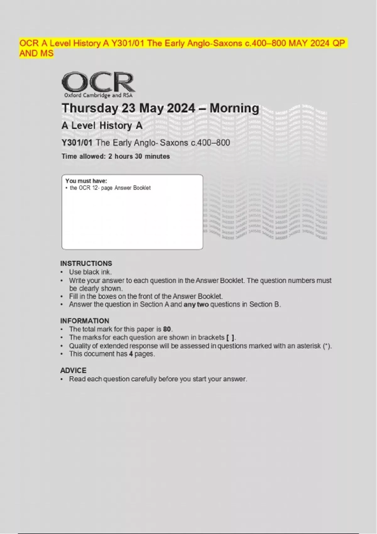 OCR A Level History A Y301/01 The Early Anglo‑Saxons c.400–800 MAY 2024 ...