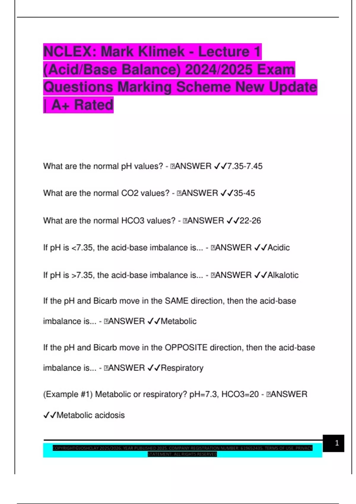 NCLEX: Mark Klimek - Lecture 1 (Acid/Base Balance) 2024/2025 Exam ...