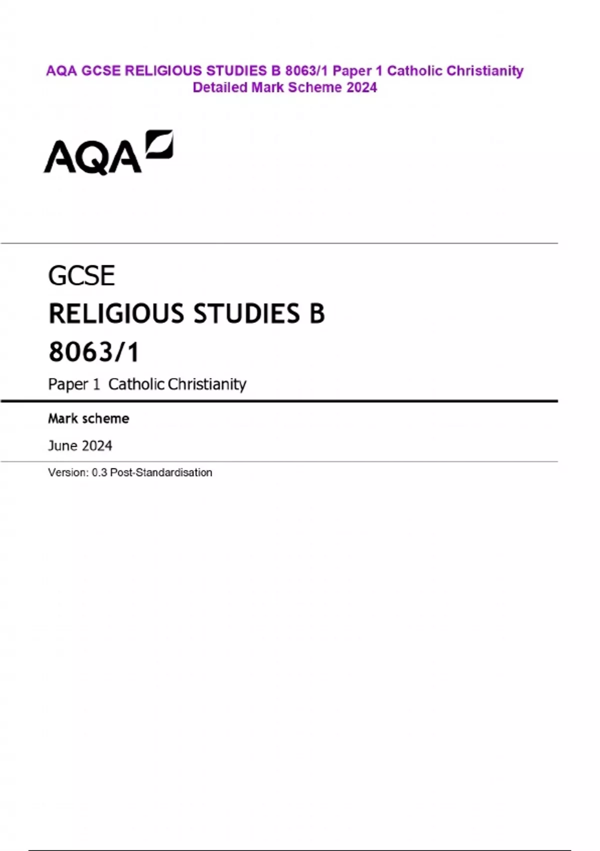 AQA GCSE RELIGIOUS STUDIES B 8063/1 Paper 1 Catholic Christianity ...