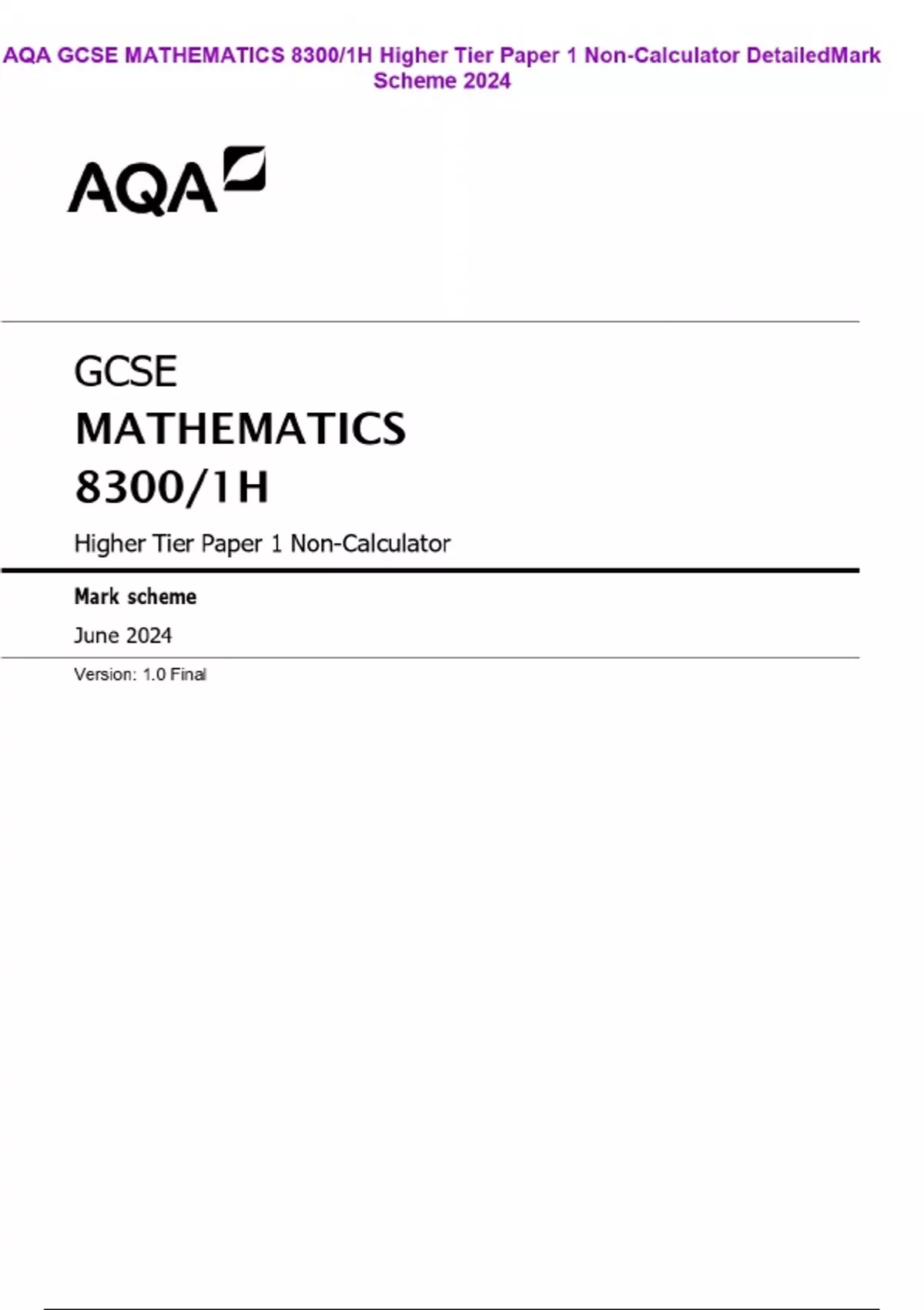 AQA GCSE MATHEMATICS 8300/1H Higher Tier Paper 1 Non-Calculator ...