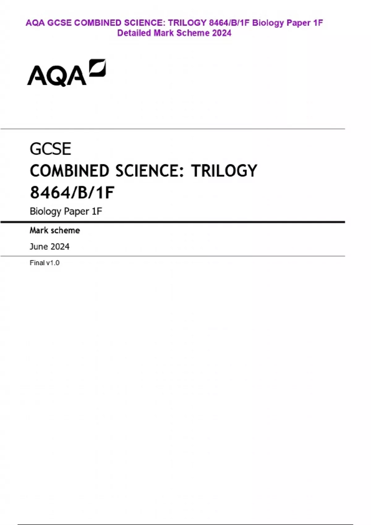AQA GCSE COMBINED SCIENCE: TRILOGY 8464/B/1F Biology Paper 1F Detailed ...