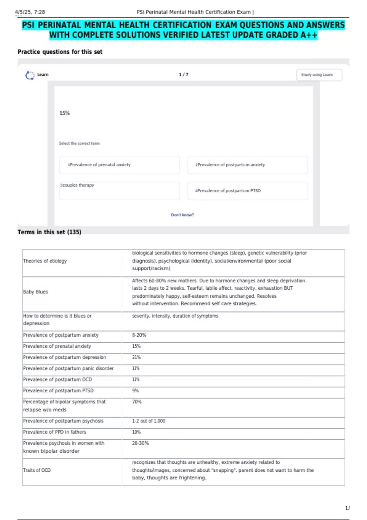 PSI PERINATAL MENTAL HEALTH CERTIFICATION EXAM QUESTIONS AND ANSWERS ...
