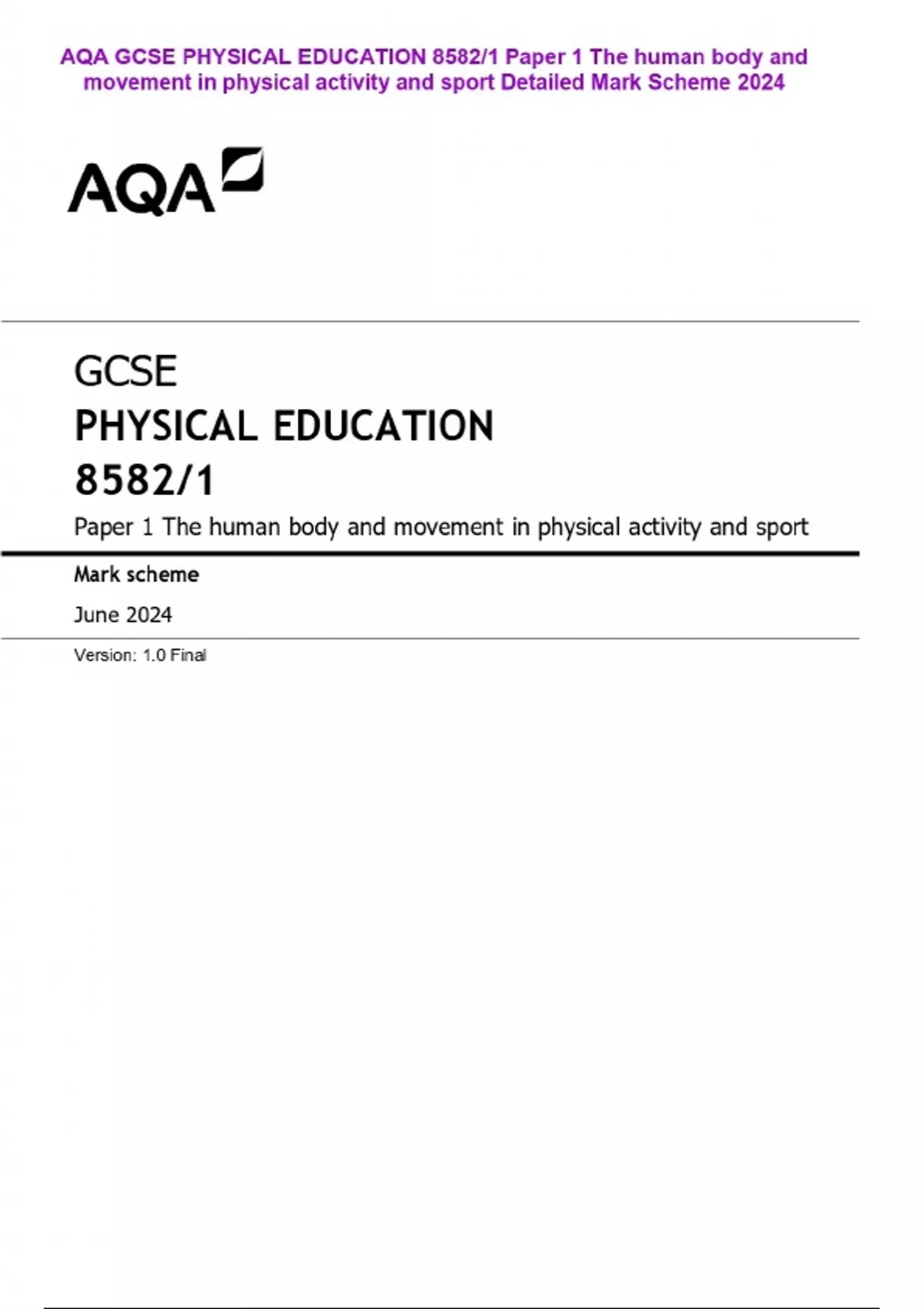 AQA GCSE PHYSICAL EDUCATION 8582/1 Paper 1 The human body and movement ...