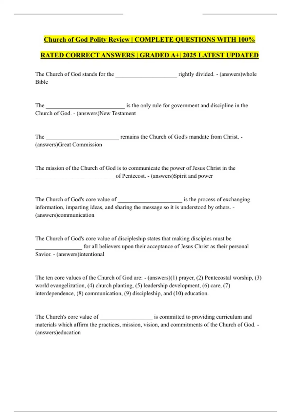 Church of God Polity Review | COMPLETE QUESTIONS WITH 100% RATED ...