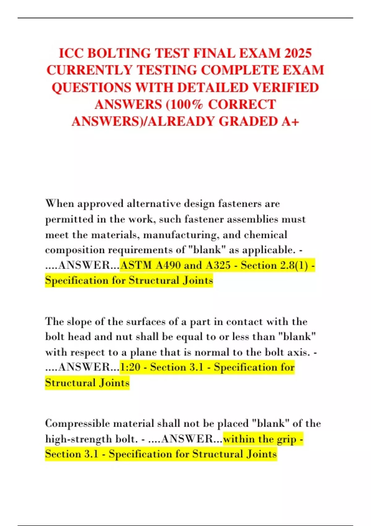 ICC BOLTING TEST FINAL EXAM 2025 CURRENTLY TESTING COMPLETE EXAM ...