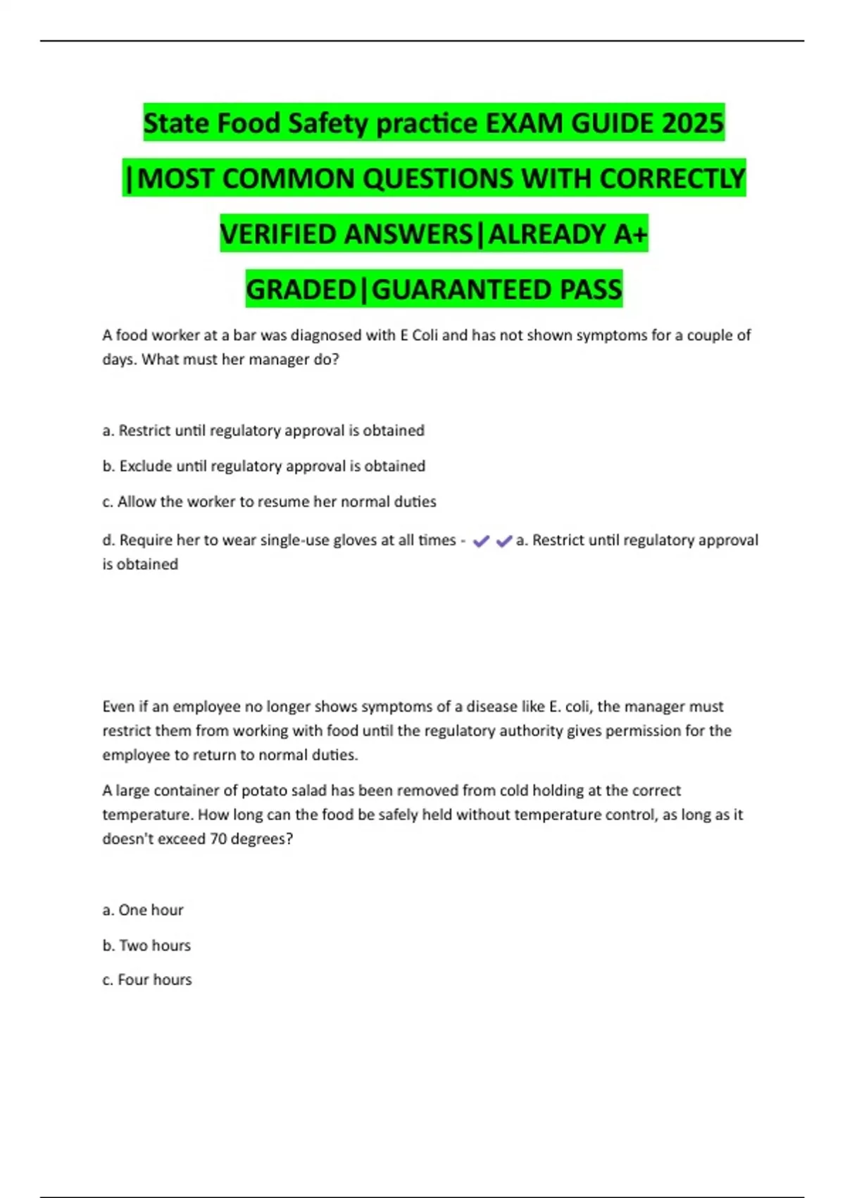 State Food Safety practice EXAM GUIDE 2025 |MOST COMMON QUESTIONS WITH ...