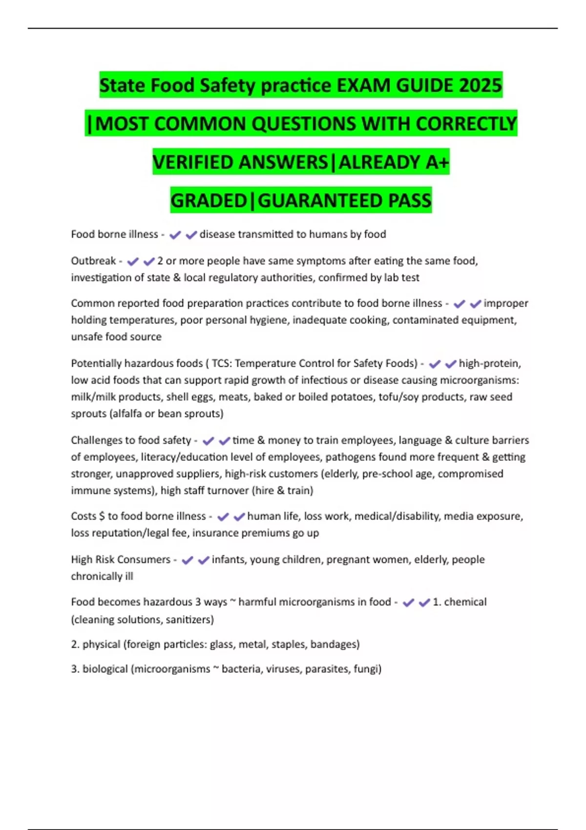 State Food Safety practice EXAM GUIDE 2025 |MOST COMMON QUESTIONS WITH CORRECTLY VERIFIED ...