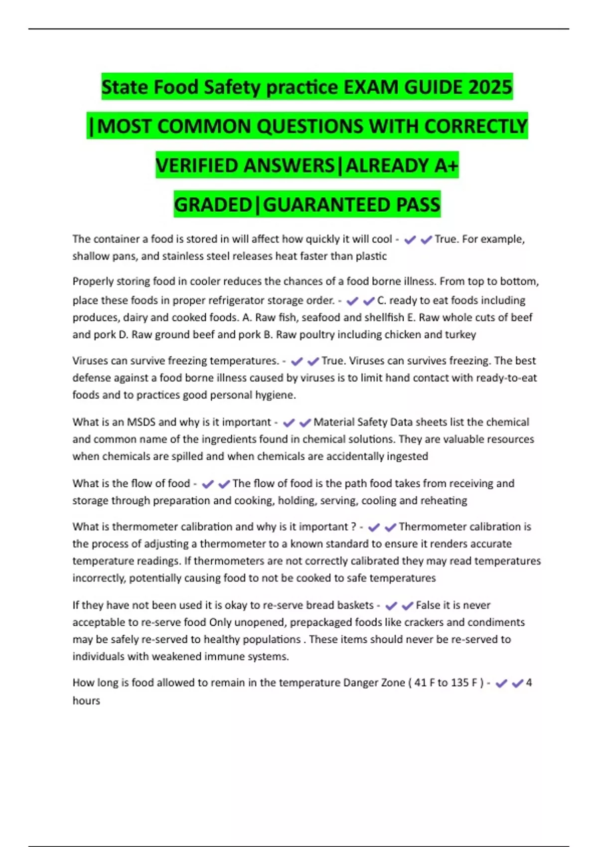 State Food Safety practice EXAM GUIDE 2025 |MOST COMMON QUESTIONS WITH ...