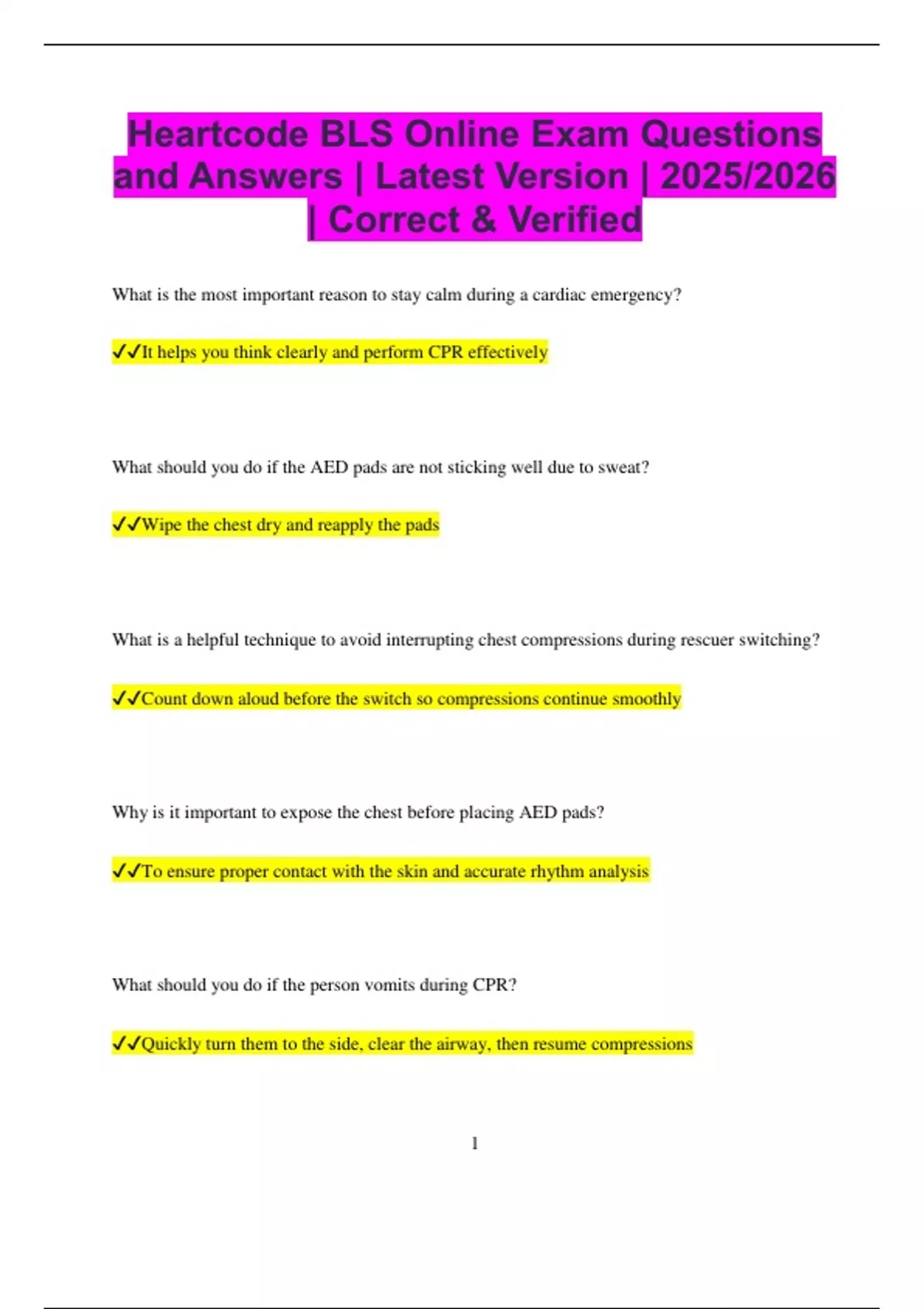 Heartcode BLS Online Exam Questions and Answers | Latest Version | 2025 ...