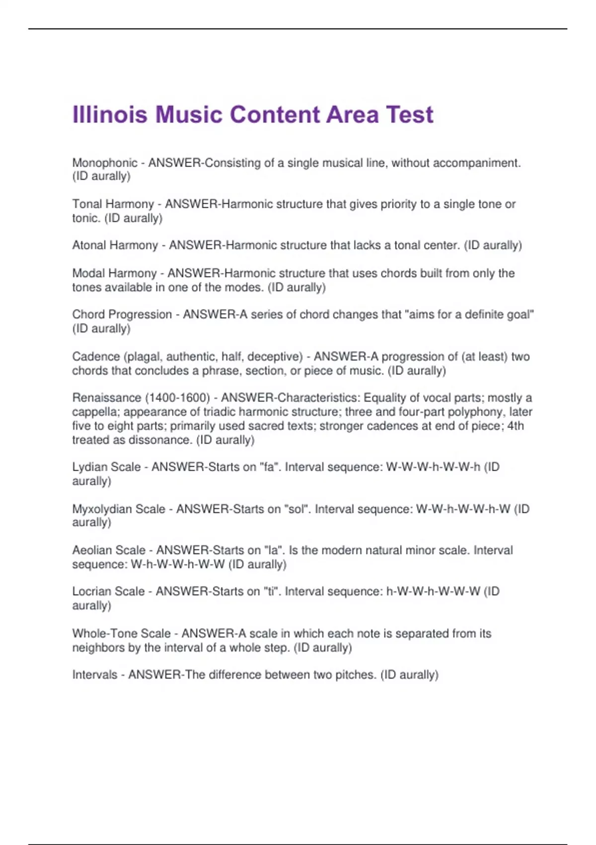 Illinois Music Content Area Test Questions with Correct Answers| New ...