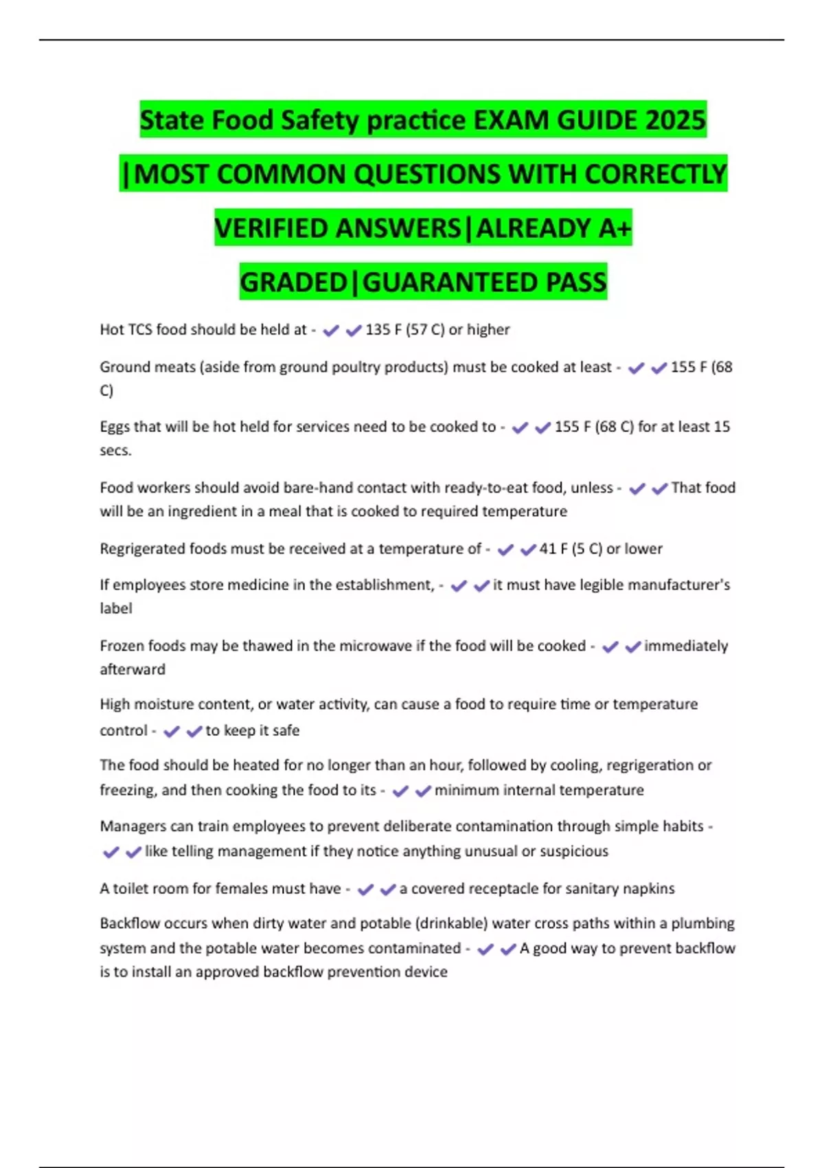 State Food Safety practice EXAM GUIDE 2025 |MOST COMMON QUESTIONS WITH ...