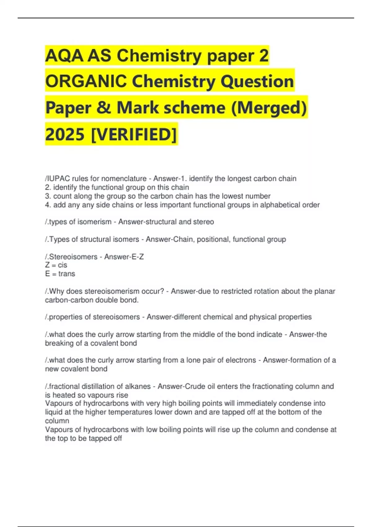 AQA AS Chemistry paper 2 ORGANIC Chemistry Question Paper & Mark scheme ...