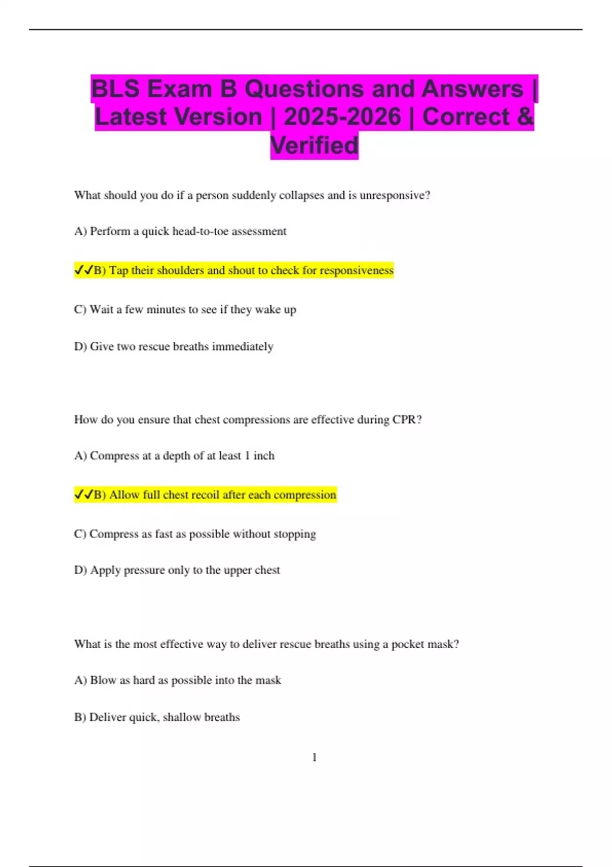 BLS Exam B Questions and Answers | Latest Version | | Correct ...