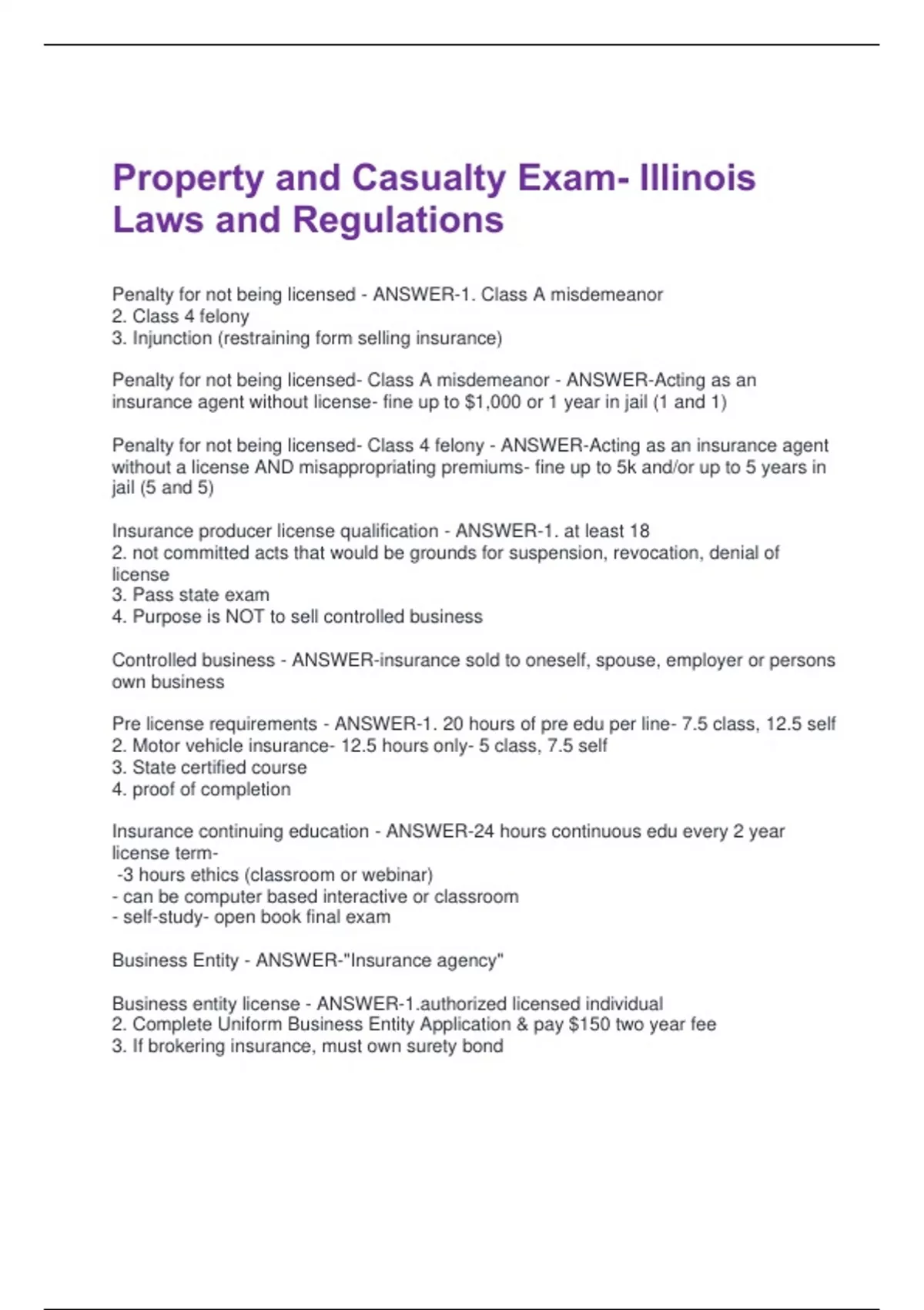Property and Casualty Exam- Illinois Laws and Regulations Questions and ...