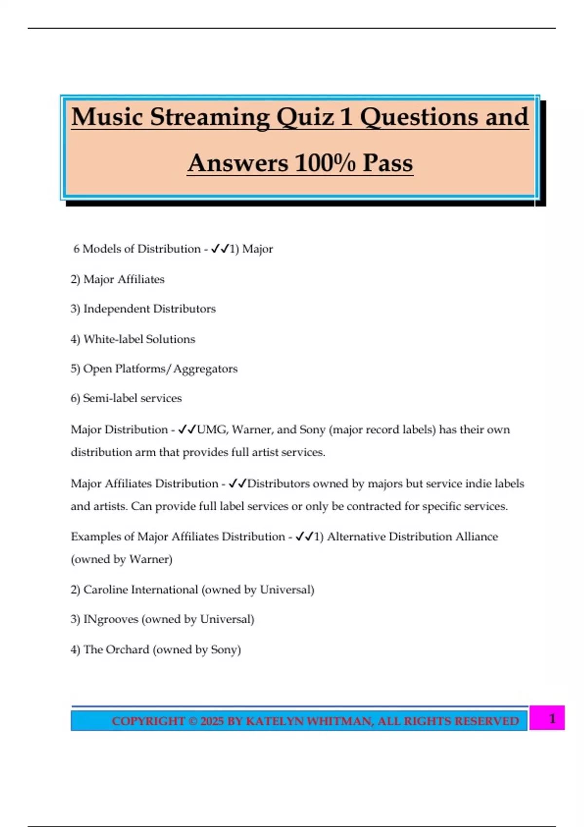 Music Streaming Quiz 1 Questions and Answers 100% Pass - Music appreciation - Stuvia US