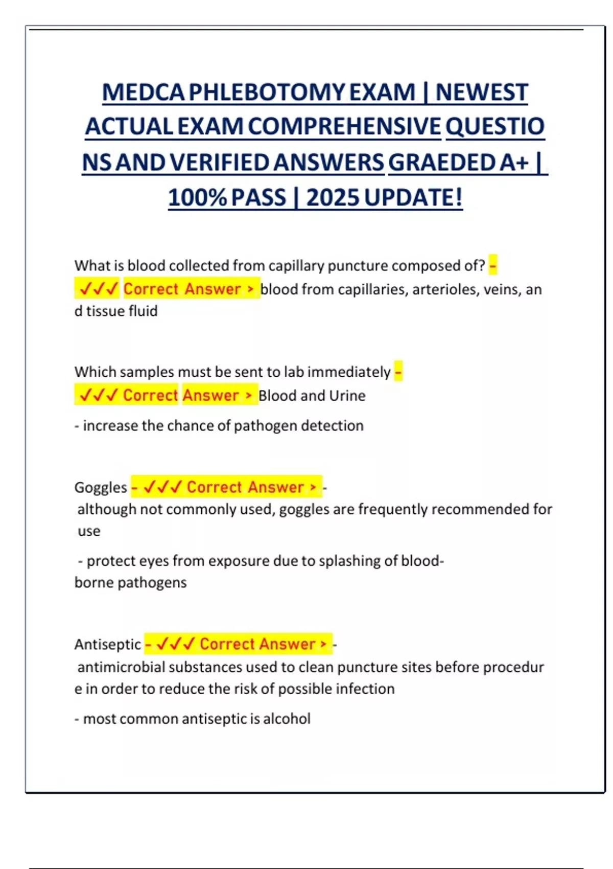 MEDCA PHLEBOTOMY EXAM 2025 WITH 300 QUESTIONS AND CORRECT ANSWERS MEDCA ...