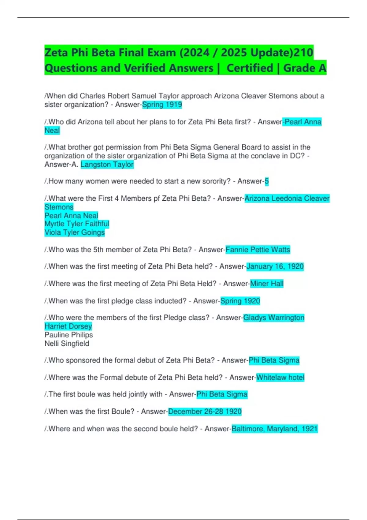 Zeta Phi Beta Final Exam (2024 / 2025 Update)210 Questions and Verified ...