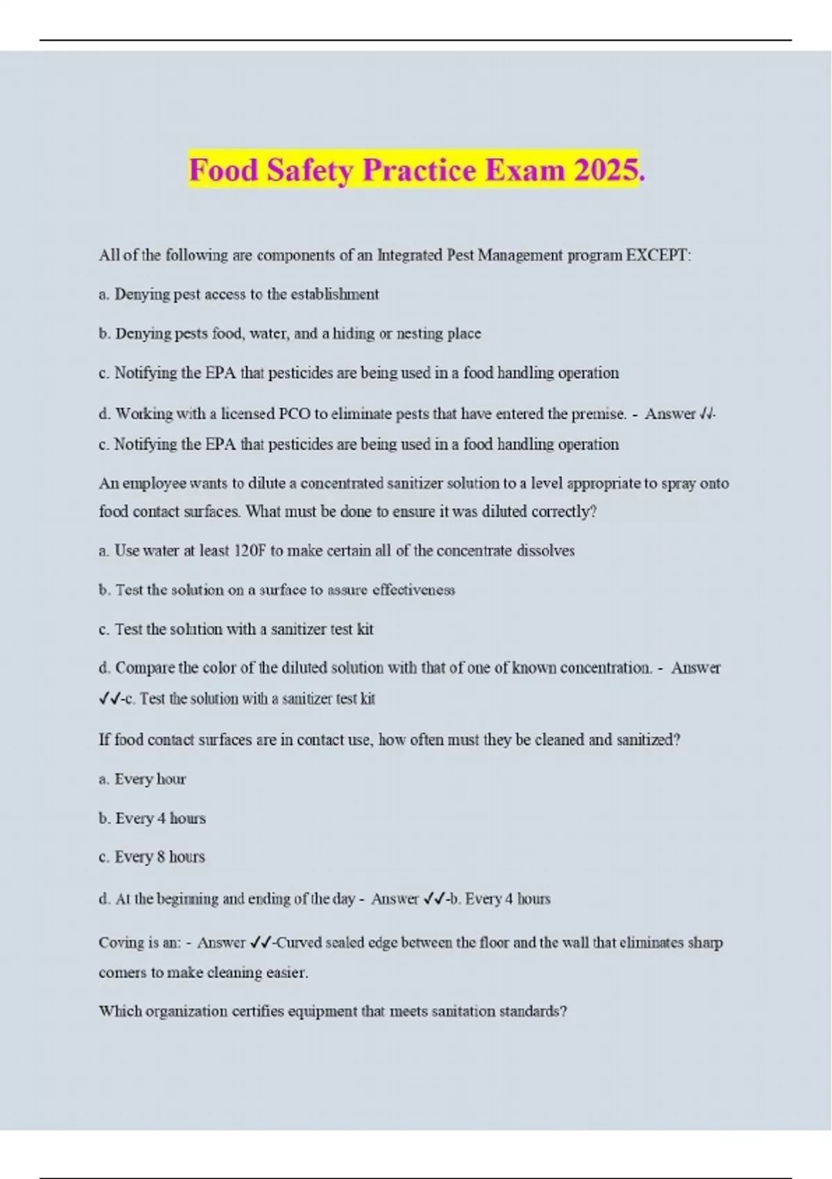 Food Safety Practice Exam 2025. - Food safety manager - Stuvia US